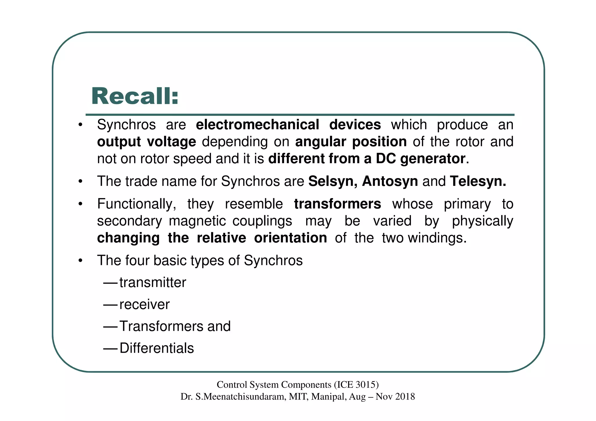 Lecture 9 synchros - transmitters, differentials, governing equations | PDF