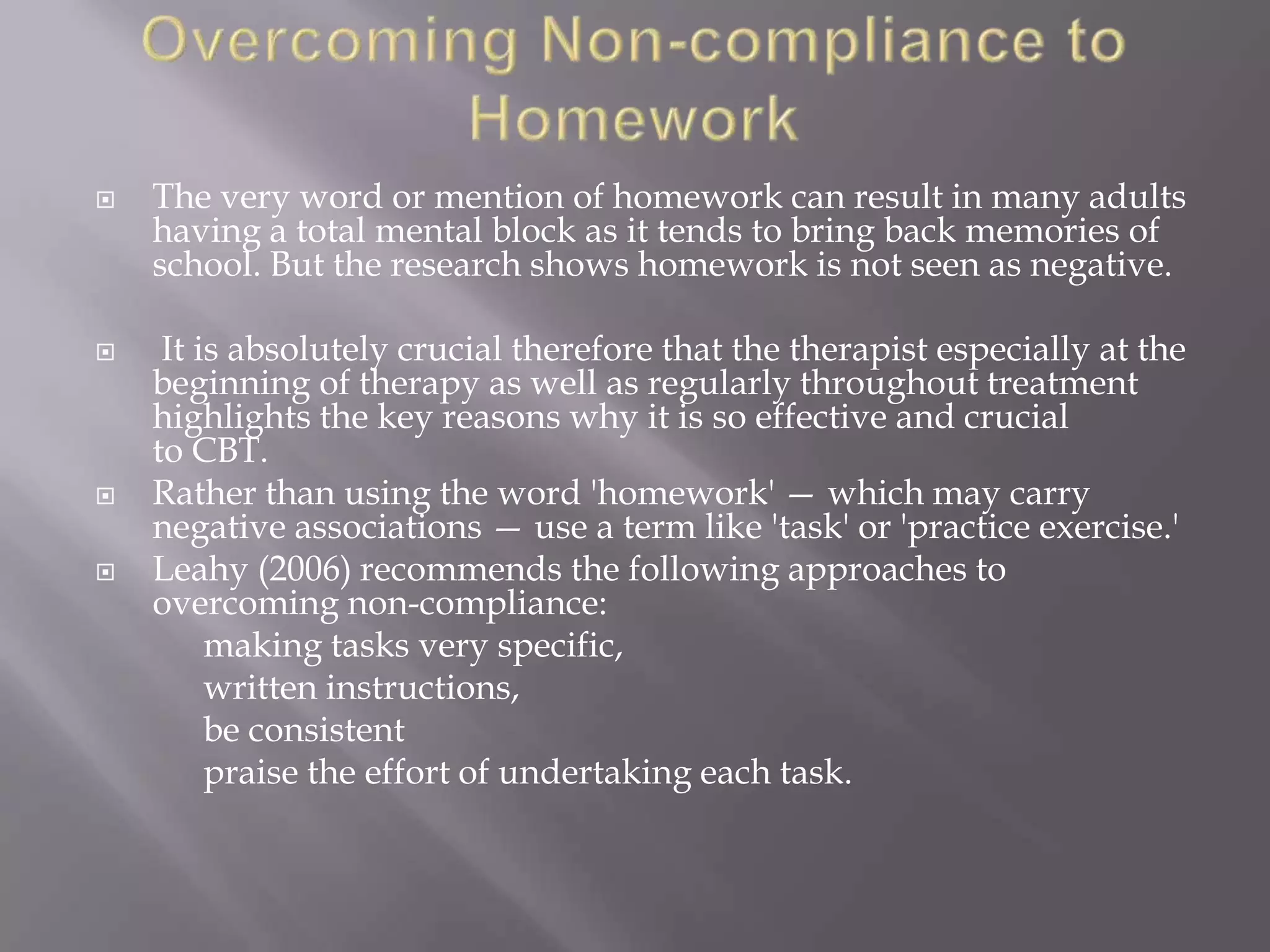 Lecture 9 homework in cbt | PPTX