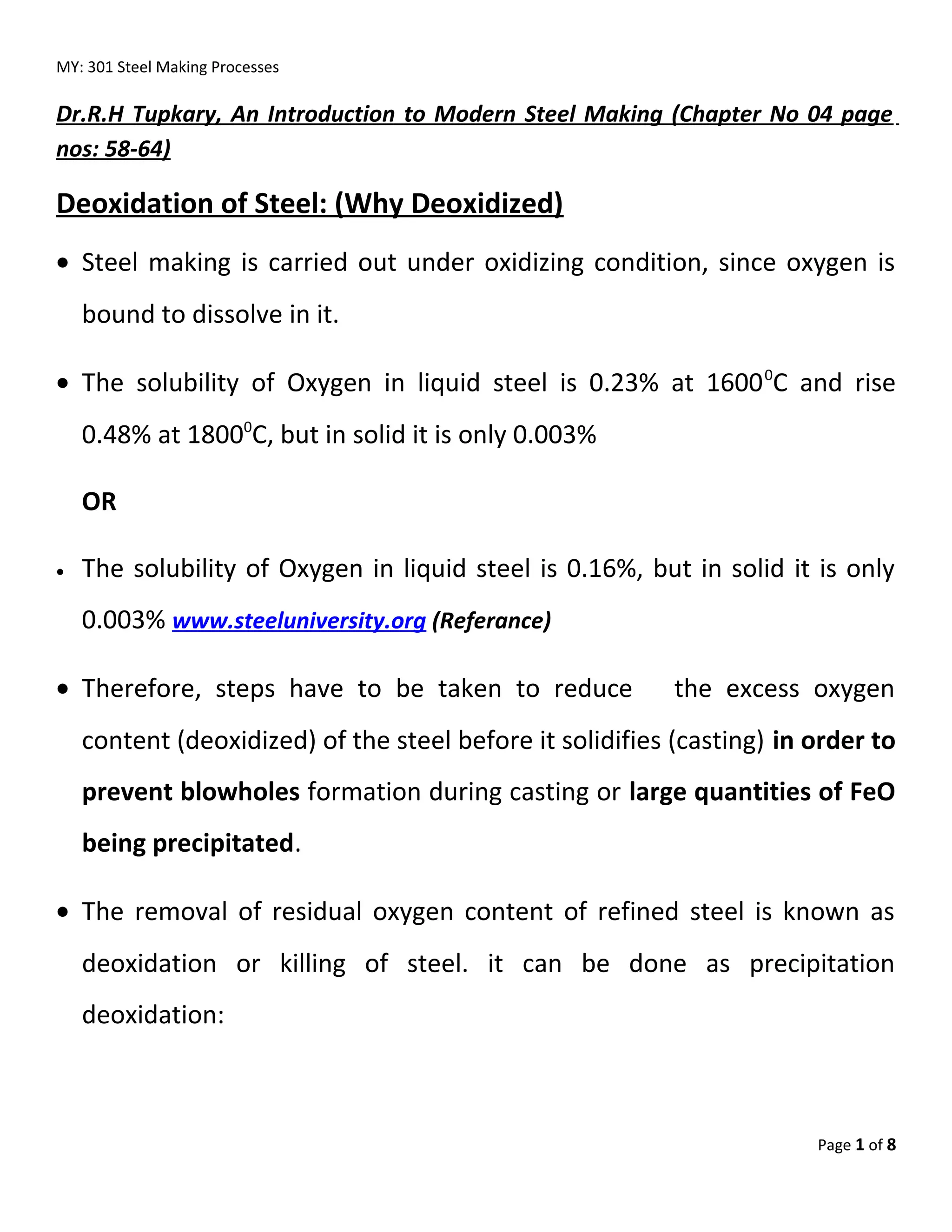 Steel Making: Lecture deoxidation | DOC