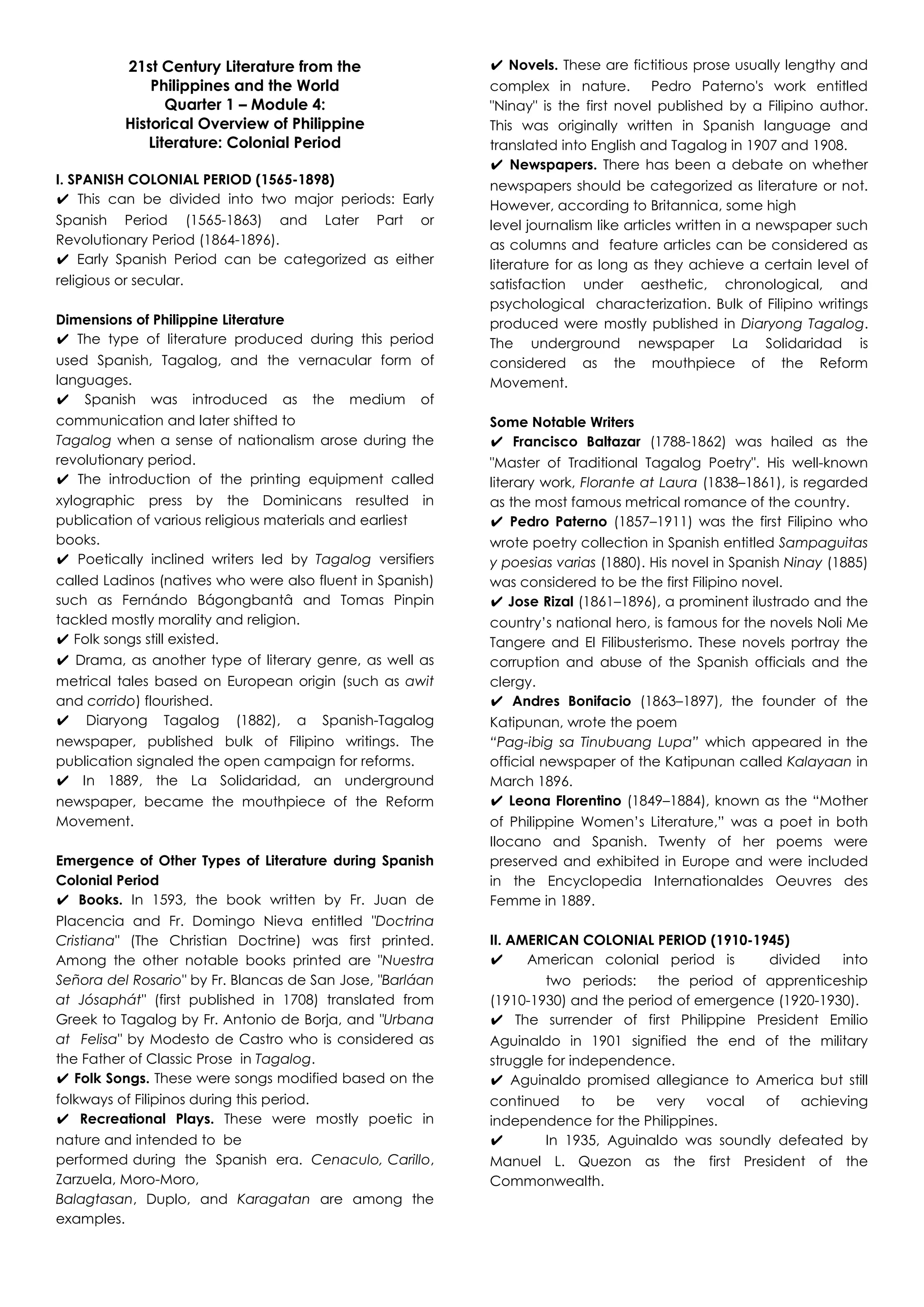 21st Century Module 4 - Historical Overview of Philippine Literature ...