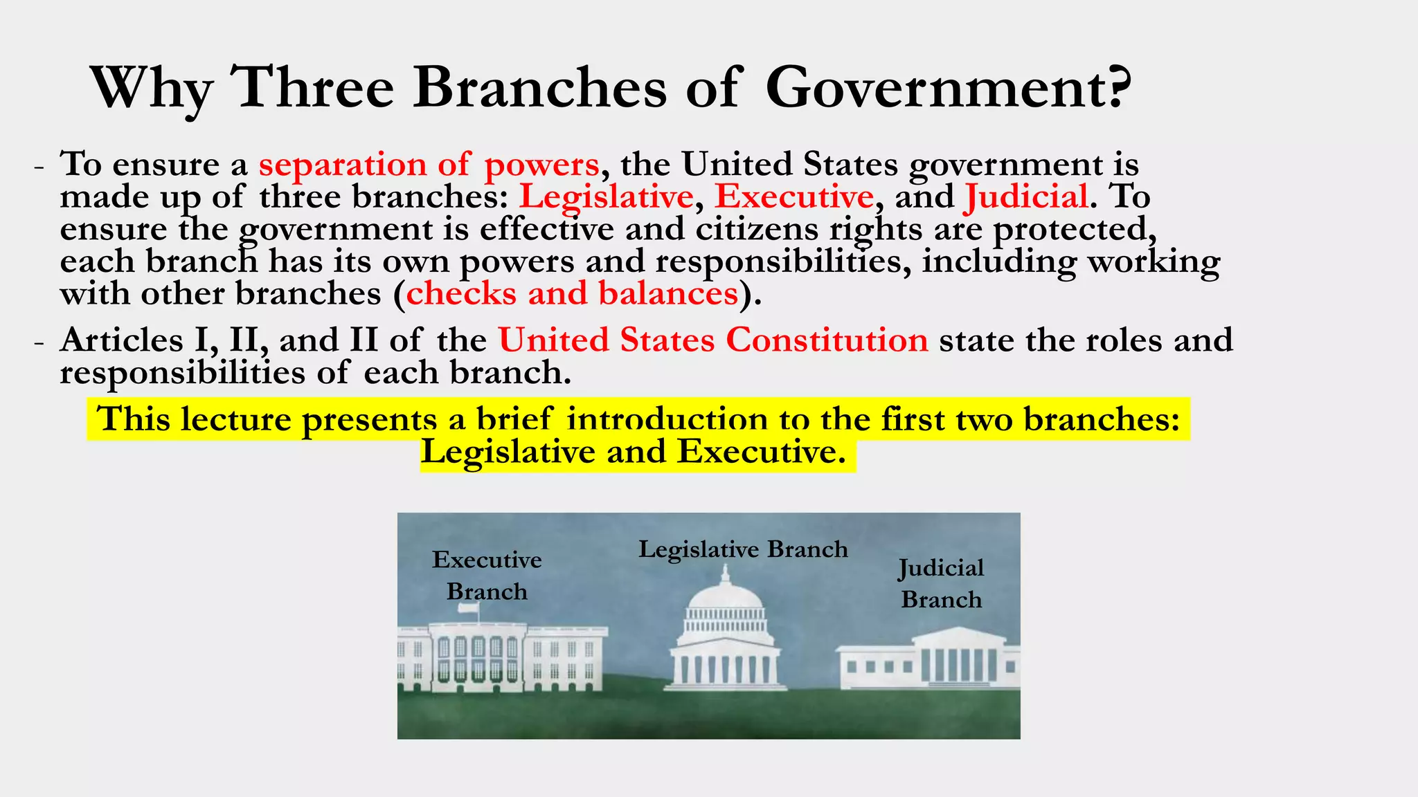 Lecture Lesson: Legislative and Executive Branch | PPTX