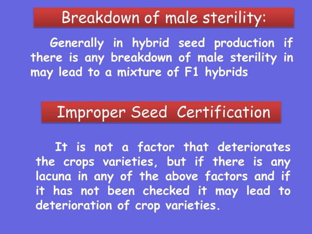 Deterioration causes of crop varieties and their control; Maintenance ...