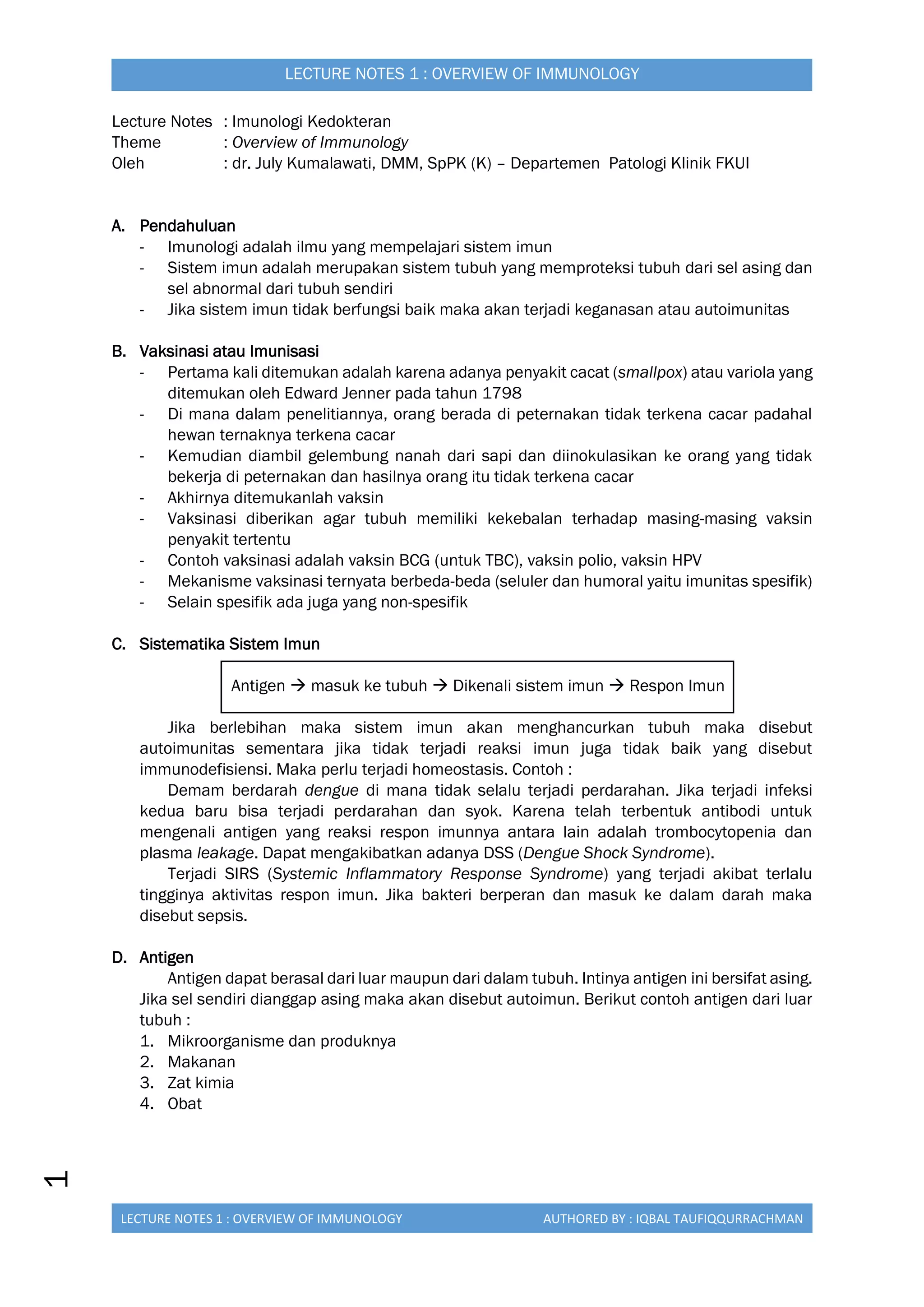 Lecture Notes 1 : Overview of Immunology | PDF