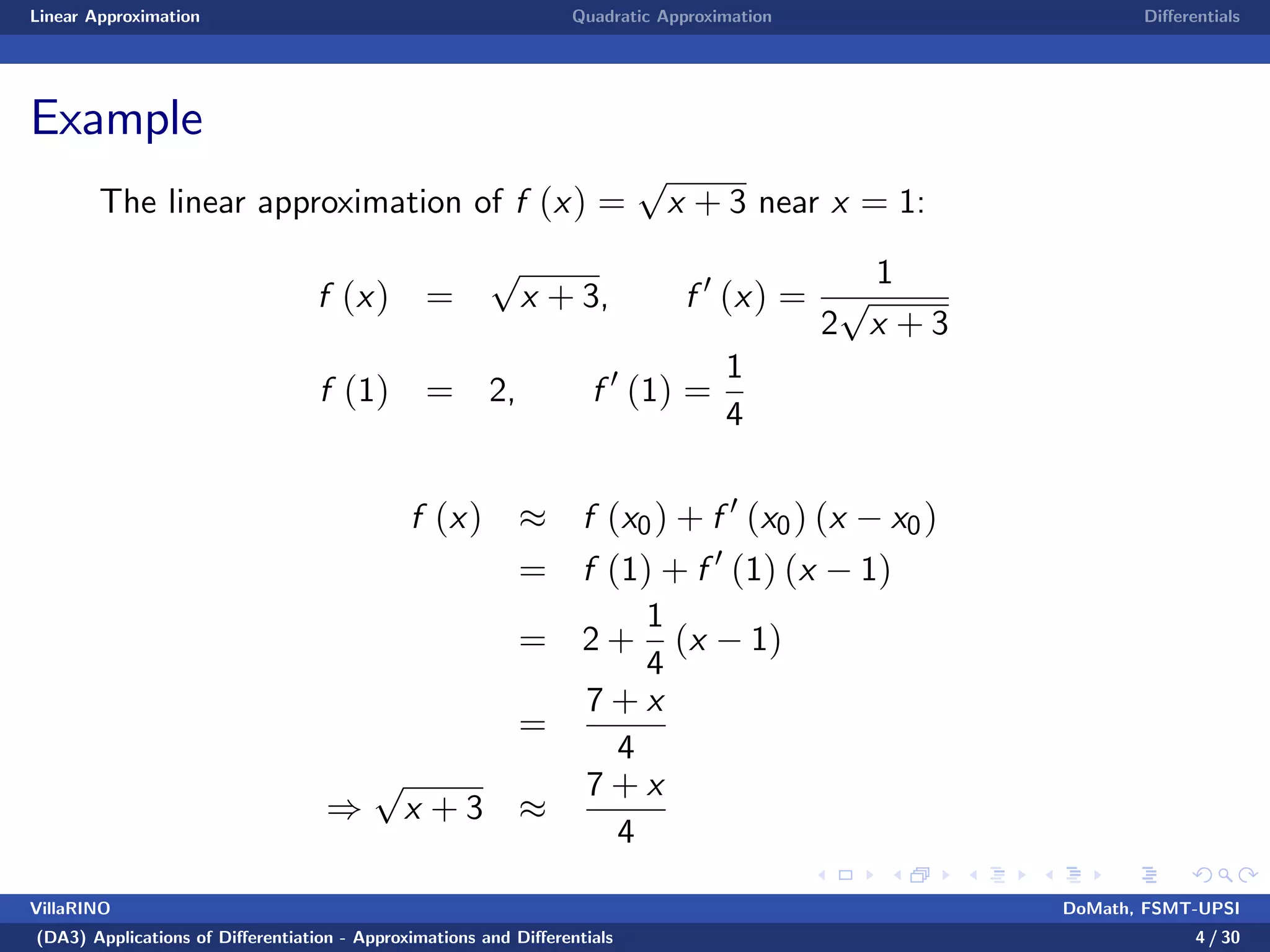 Benginning Calculus Lecture notes 8 - linear, quadratic approximation | PPT
