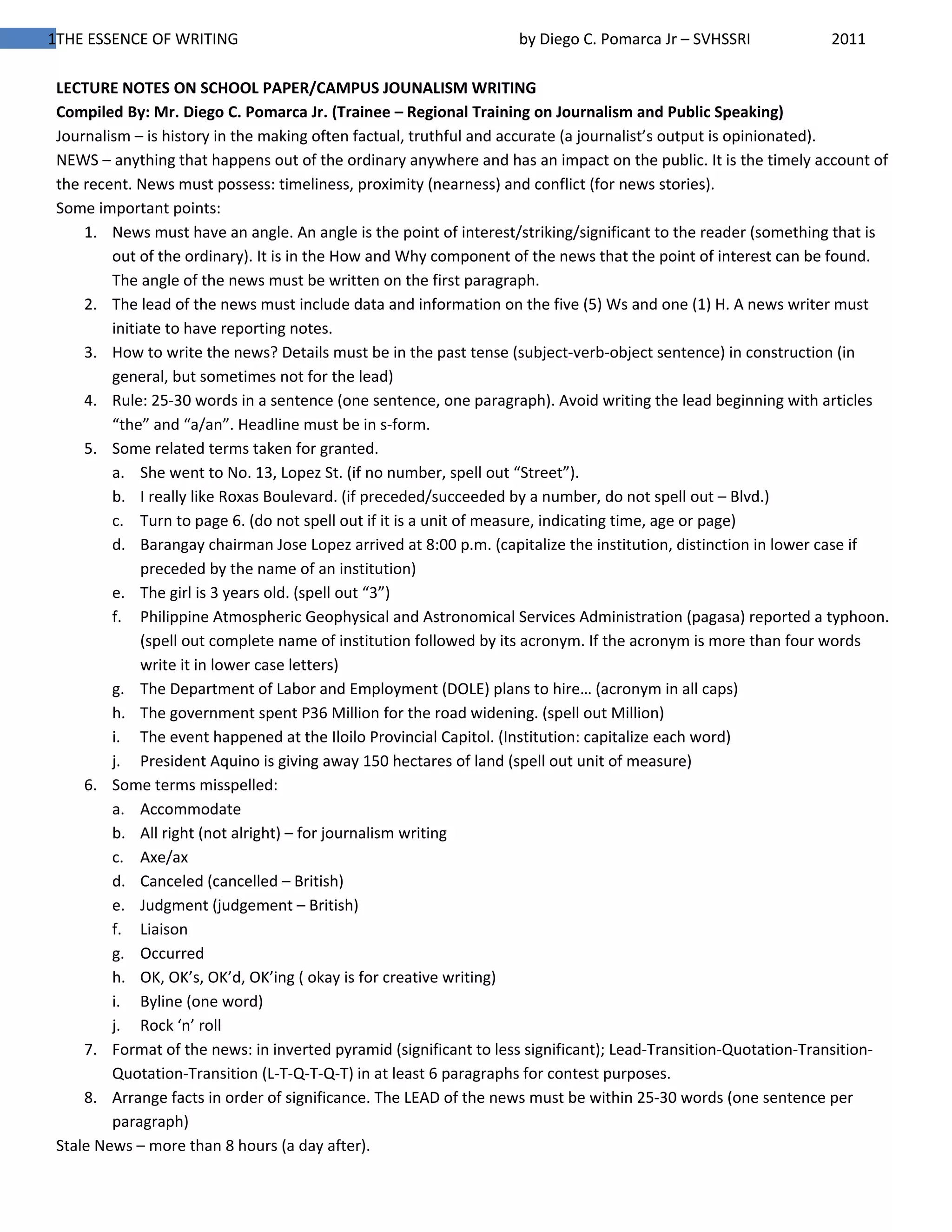 Lecture Notes on Campus Journalism | DOC