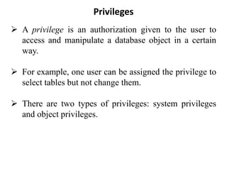 Lecture Notes Unit4 Chapter13 users , roles and privileges | PDF