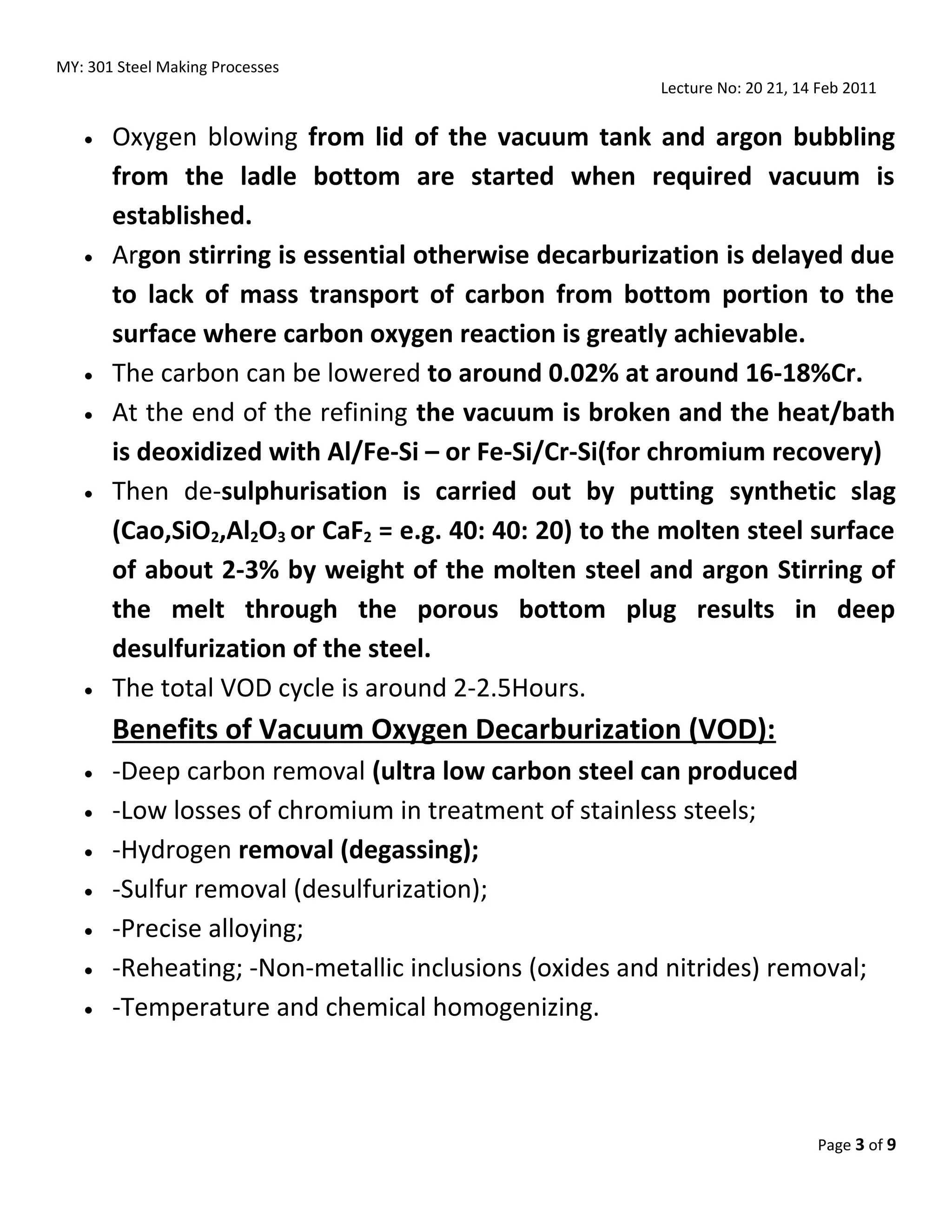 Steel MAking: Lecture Vacuum Degassing, VOD, Ladle-De-S, ESR | DOC