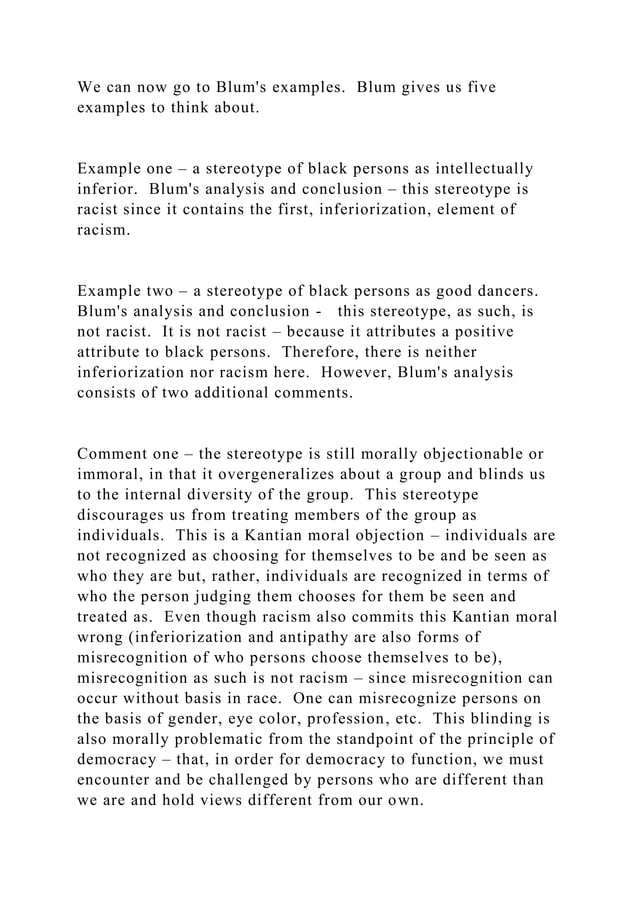 Lecture on Blum, Racism What It Is And What It Isnt & on Kelly a.docx
