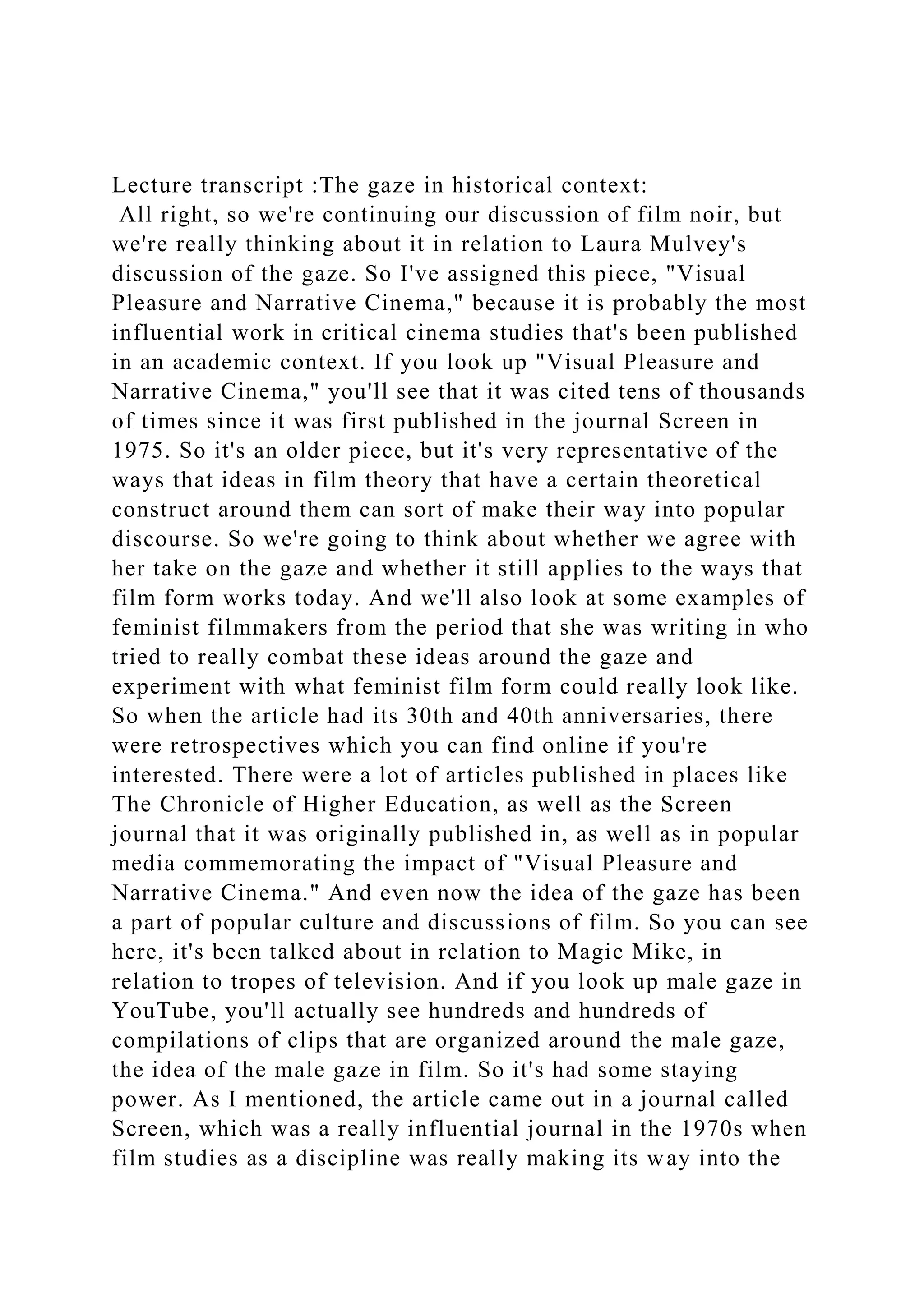 Lecture transcript The gaze in historical context All right, s.docx