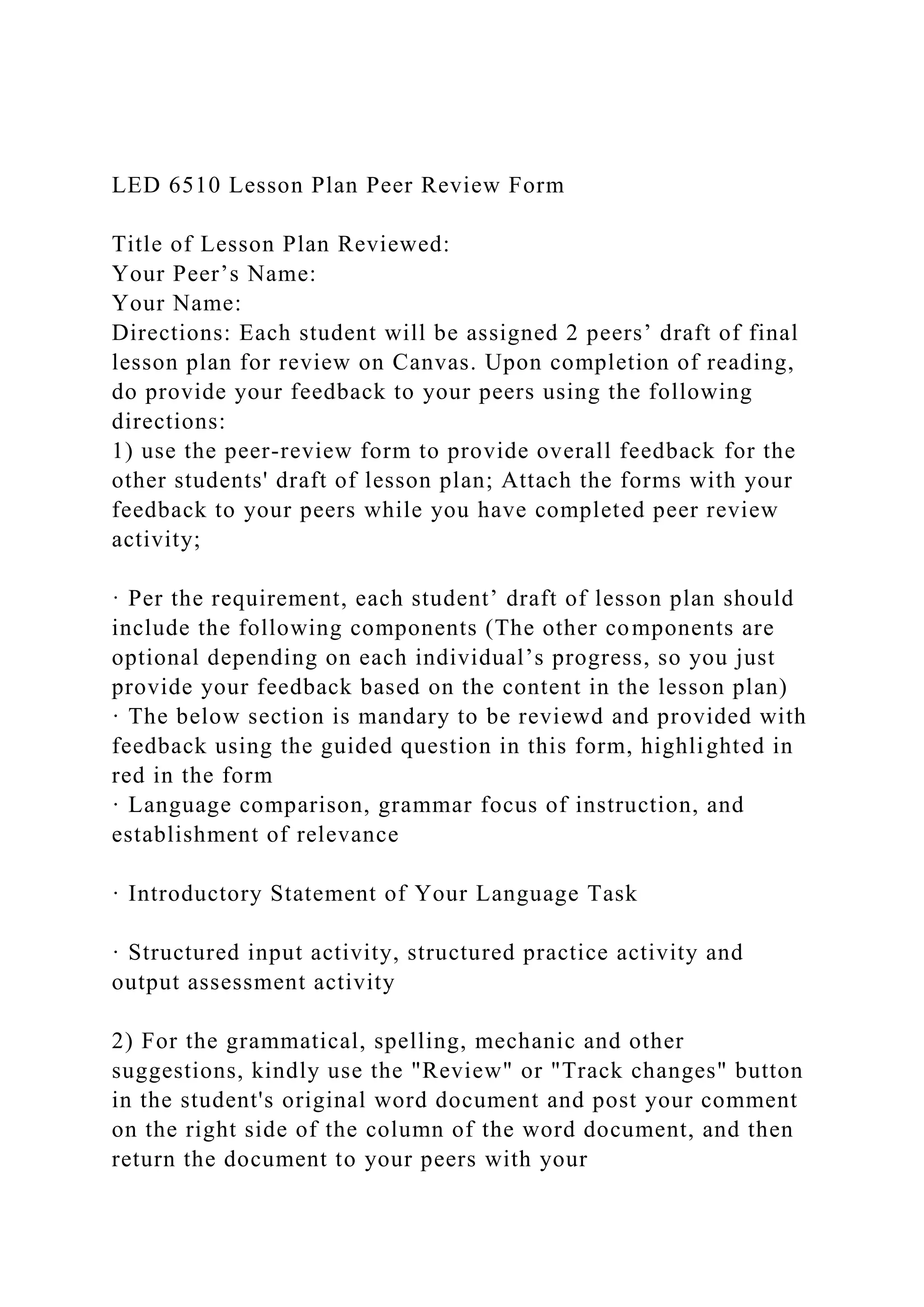 LED 6510 Lesson Plan Peer Review FormTitle of Lesson Plan Revi.docx