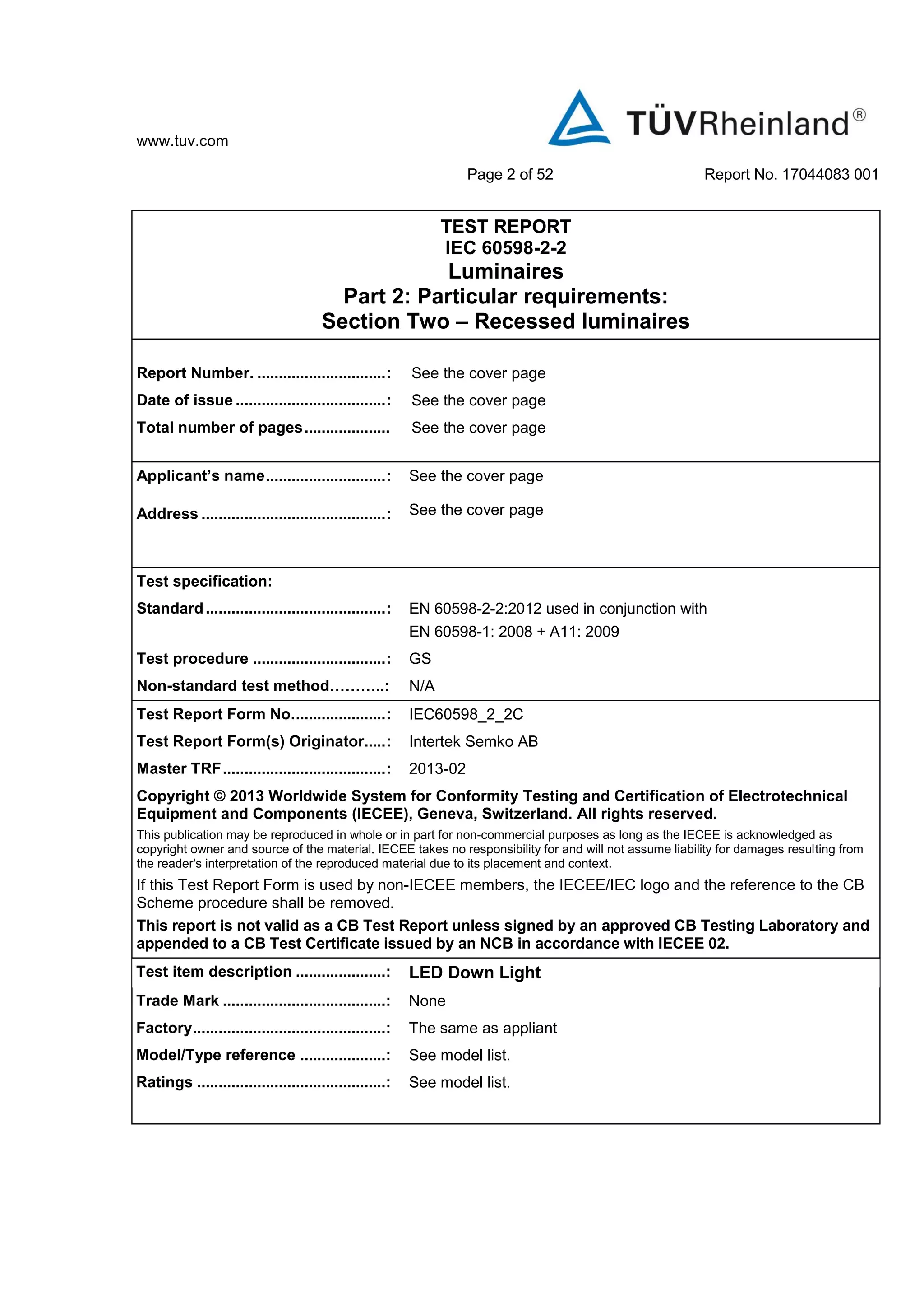 Led downlight tuv gs test report | PDF