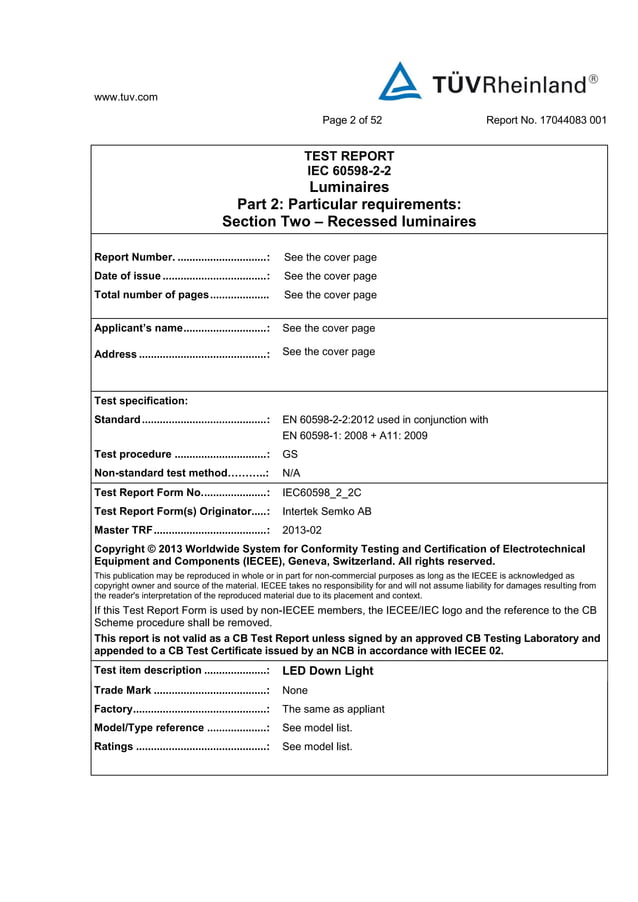 Led downlight tuv gs test report | PDF