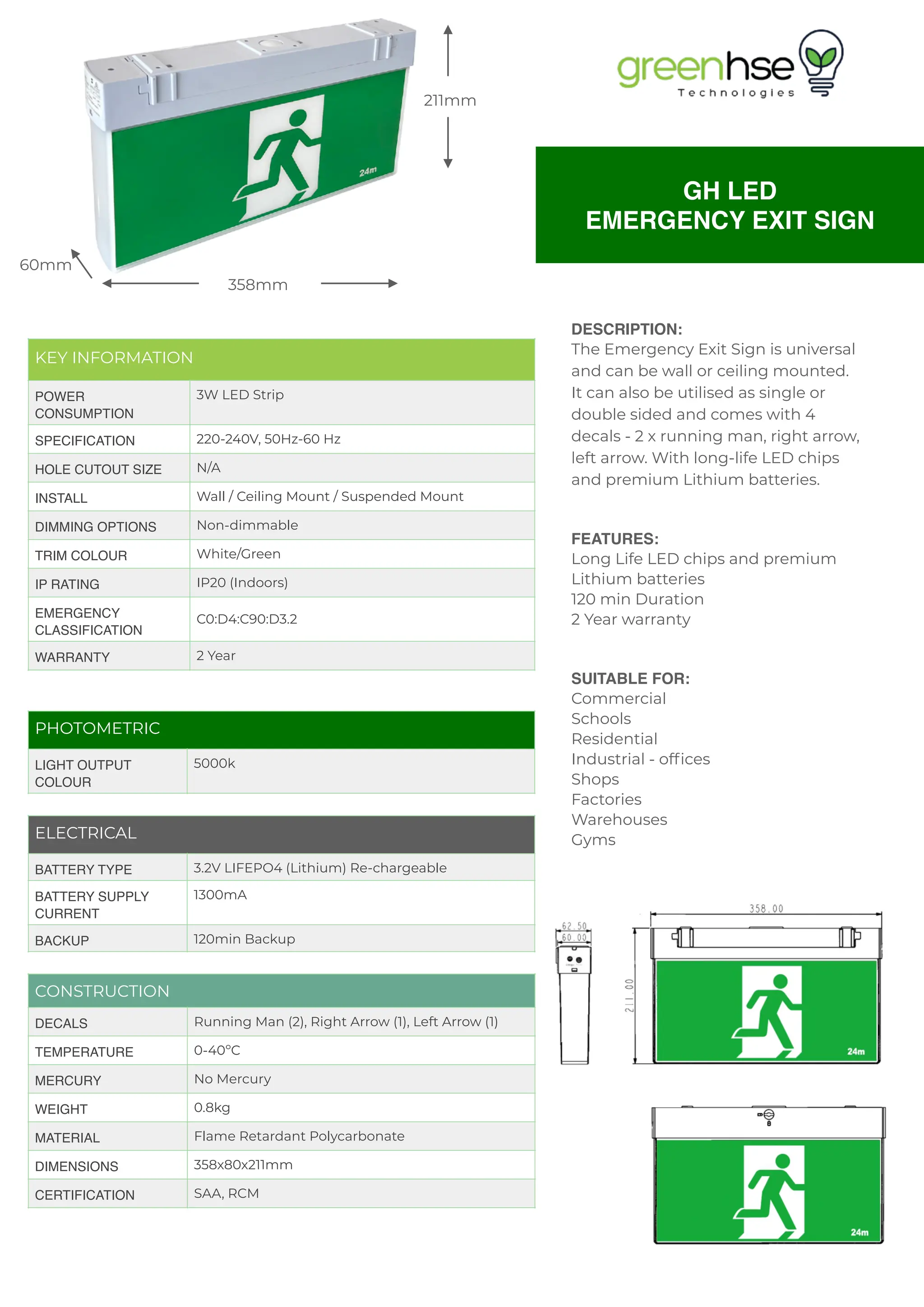 LED Emergency Exit Sign Box By Greenhse Technologies Perth | PDF