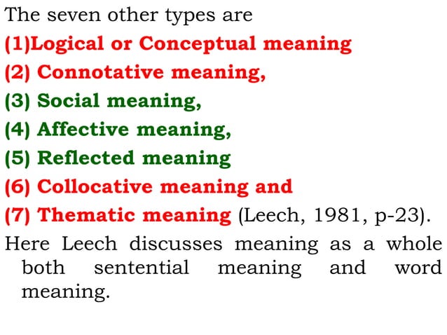 LEECH'S SEVEN TYPES OF MEANING | PPTX