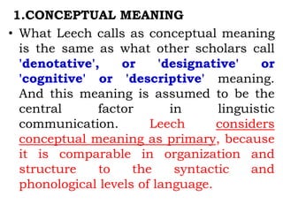 LEECH'S SEVEN TYPES OF MEANING | PPTX