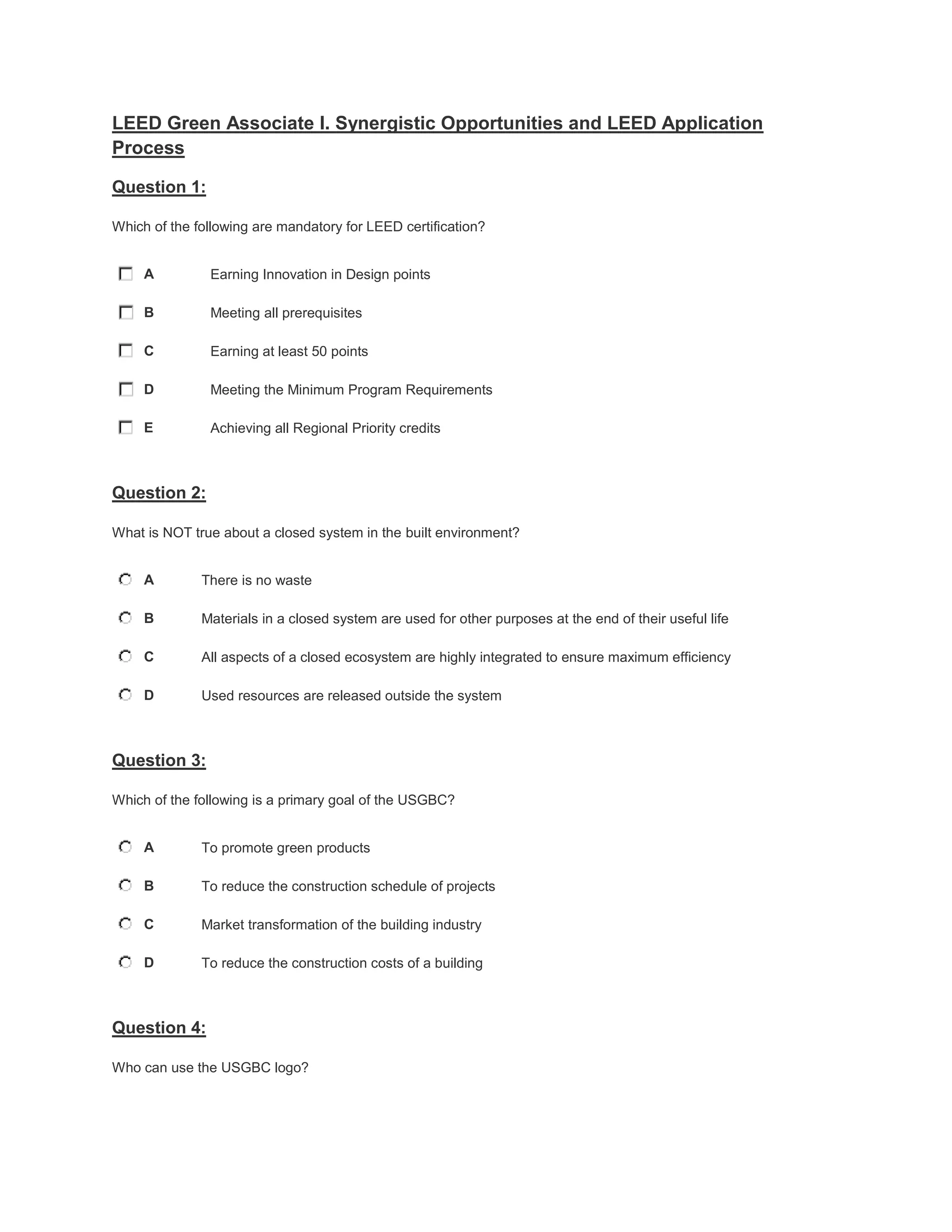 Leed green associate i. synergistic opportunities and leed application ...