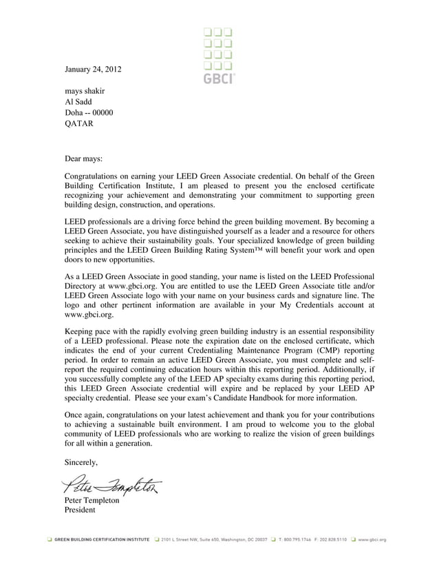 congratulatory letter from GBCI.com