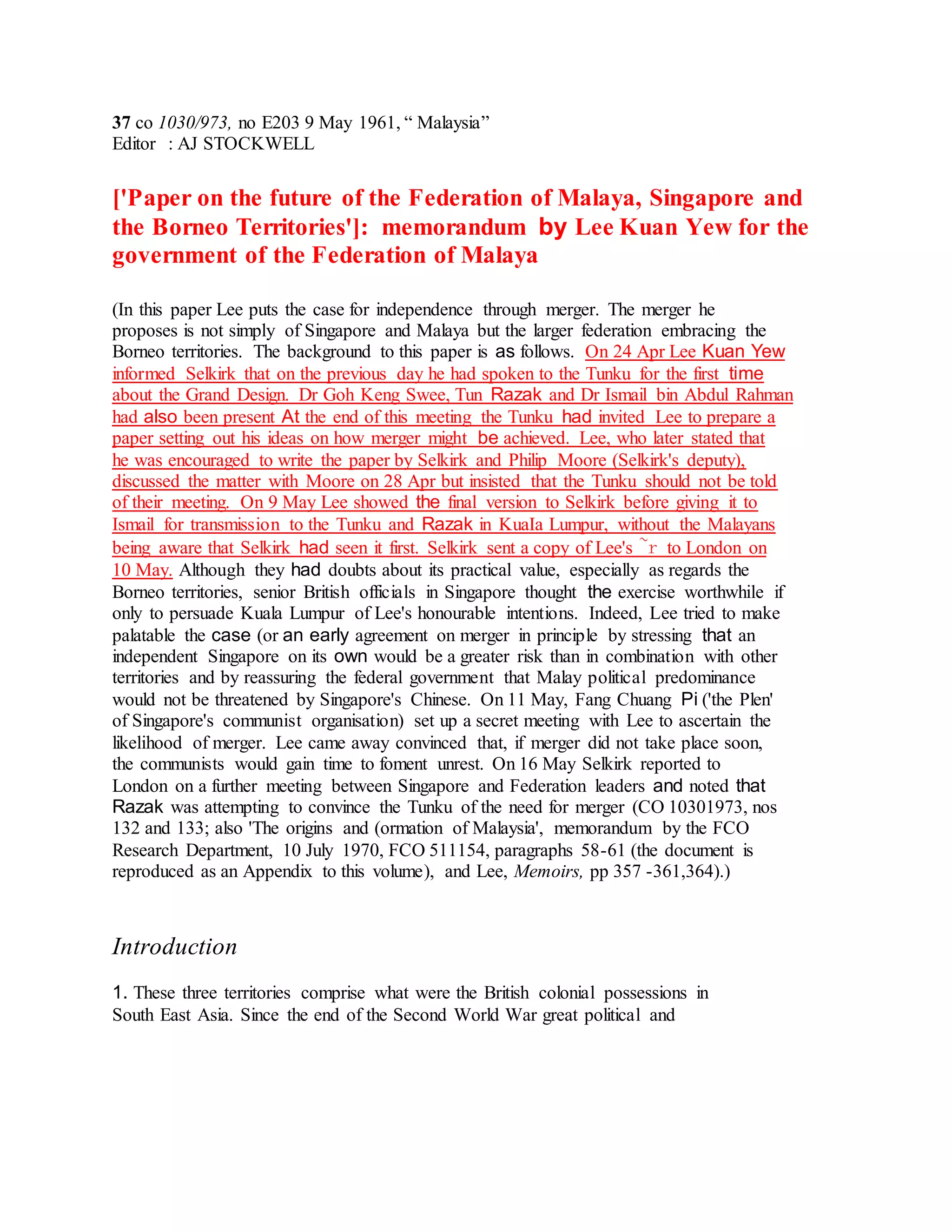 Why Malaysia ? Read Lee Kuan Yew memorandum to Federation of Malaya | DOCX