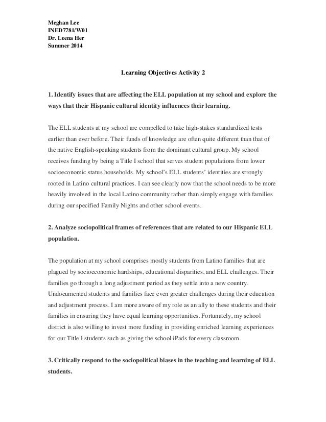 Learning Objectives: Reflecting on Cultural Issues for ESOL Teachers