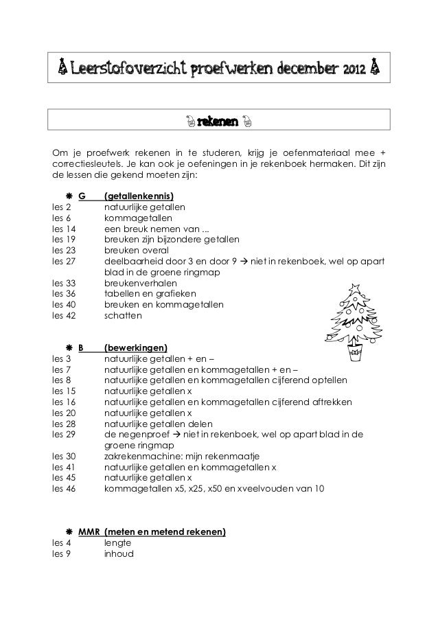 Leerstofoverzicht proefwerken december 2012