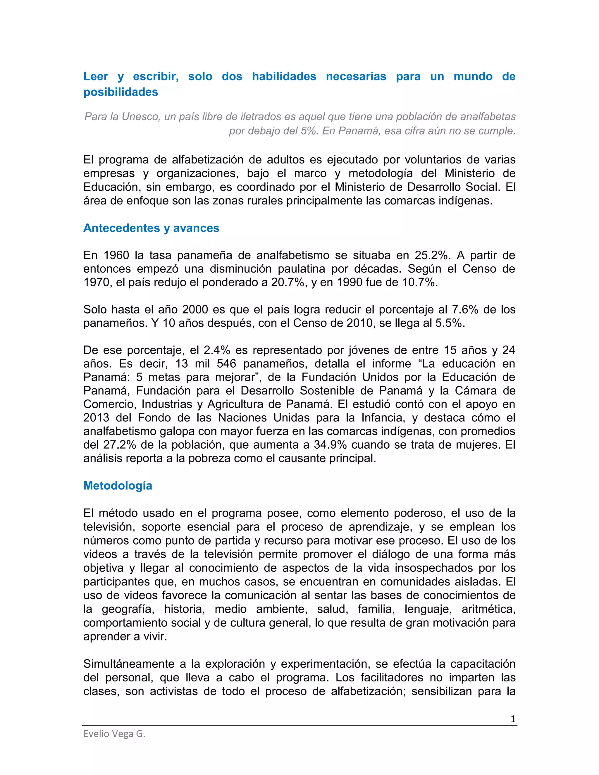 Programa de alfabetización en Panamá | PDF