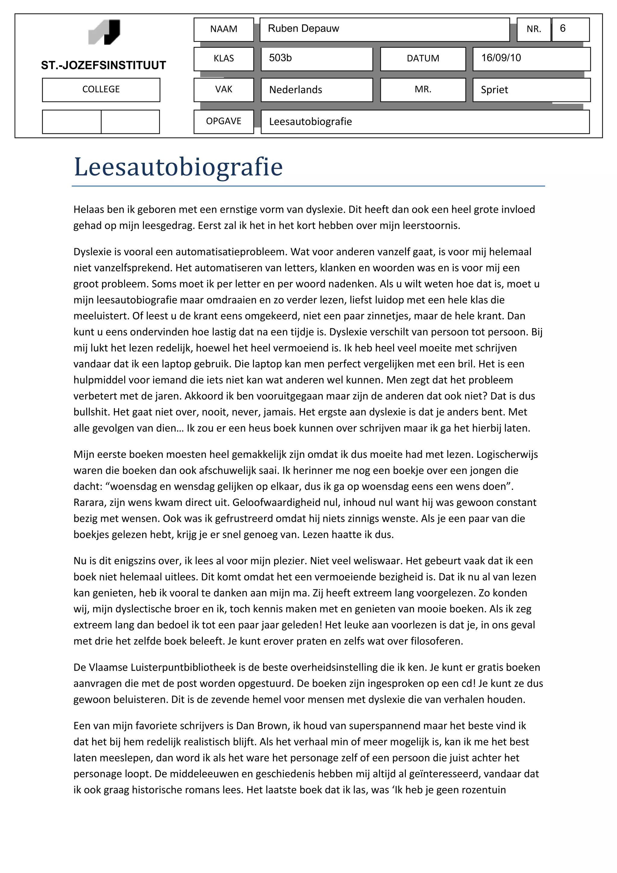 Leesautobiografie dyslexie Ruben | DOCX