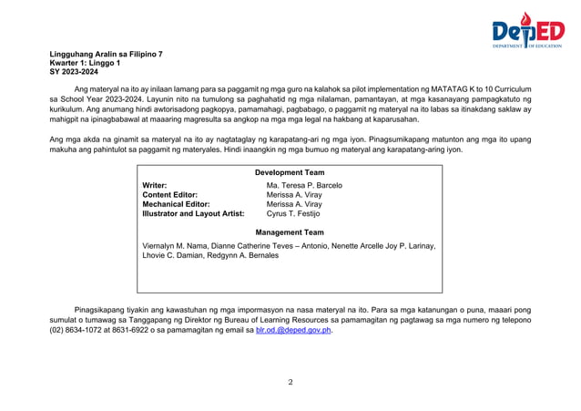 LESSON EXEMPLAR FILIPINO 7 - WEEK 1 - MATATAG CURRICULUM | PDF