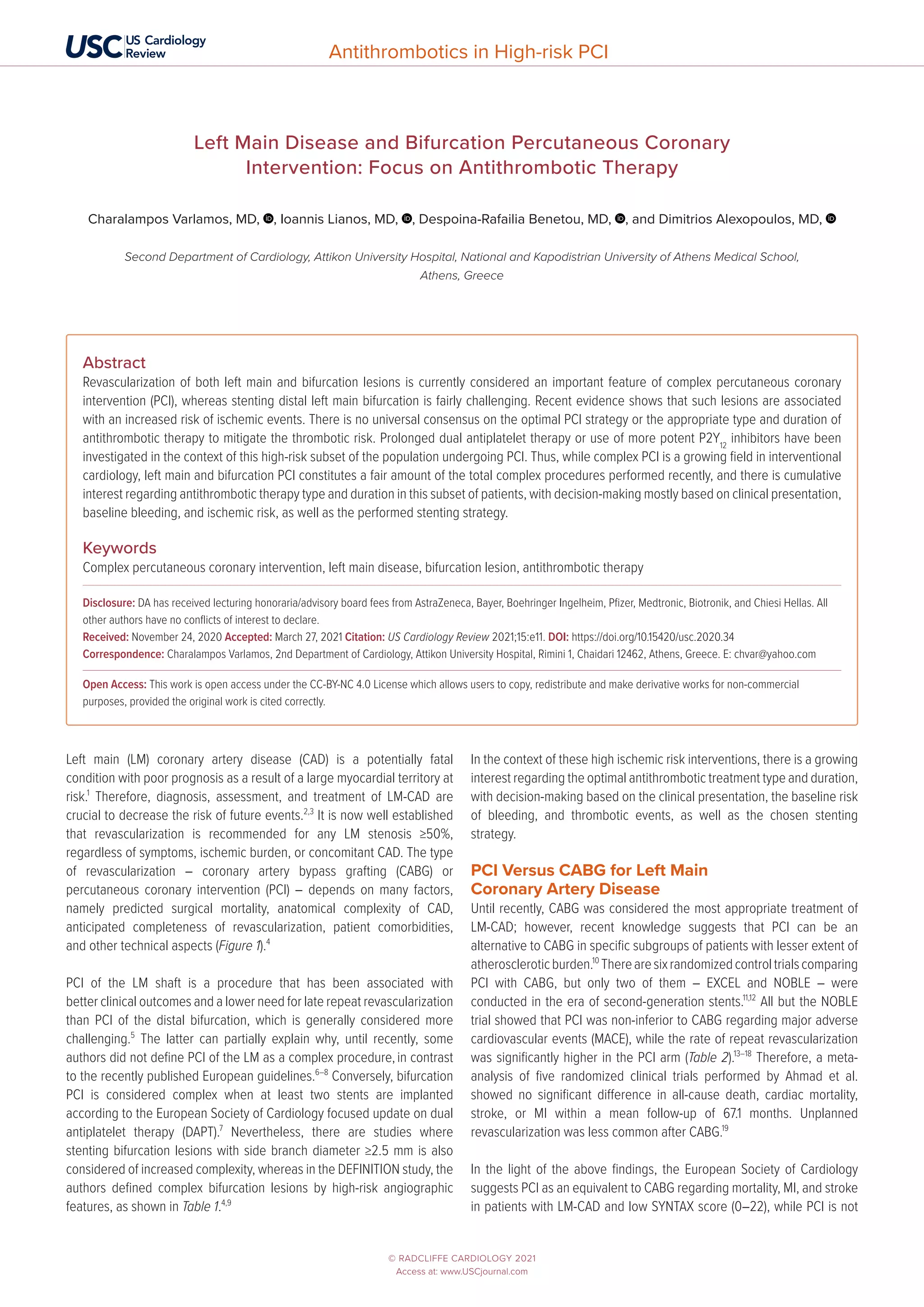 Left main disease and bifurcation percutaneous coronary artery disease ...