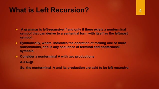 Left recursion | PPTX | Programming Languages | Computing