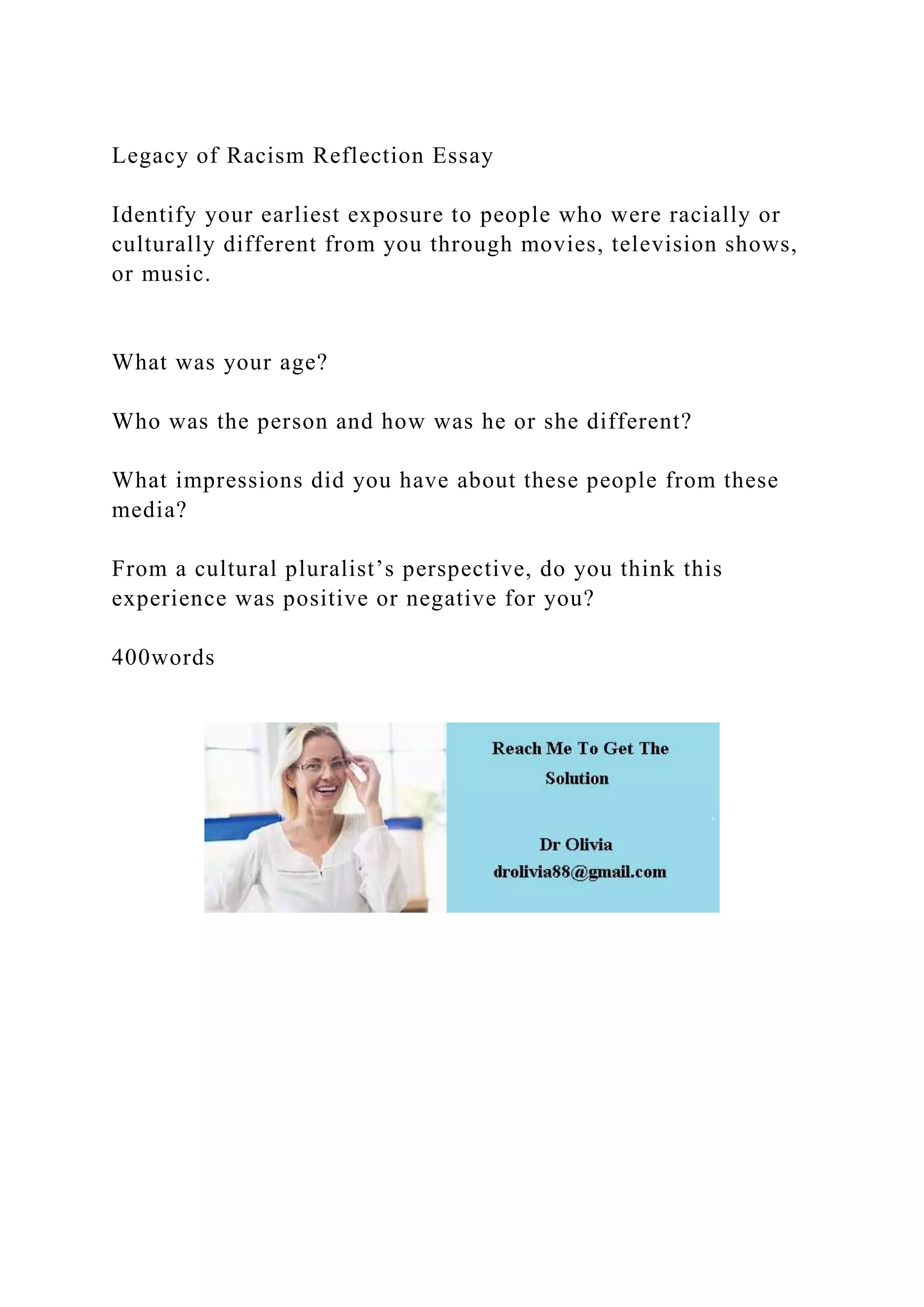 Legacy of Racism Reflection EssayIdentify your earliest exposure.docx ...