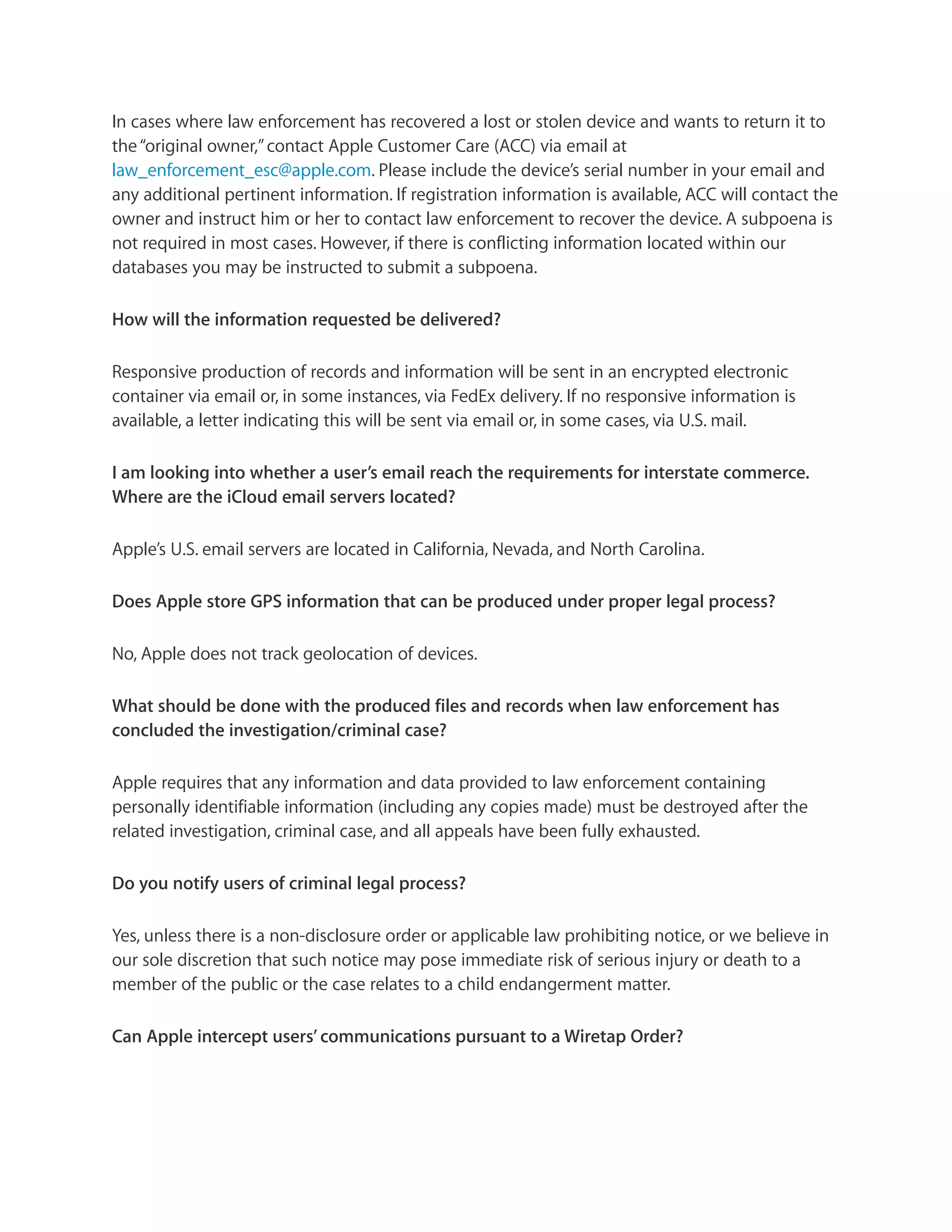 Apple Legal process guidelines US | PDF