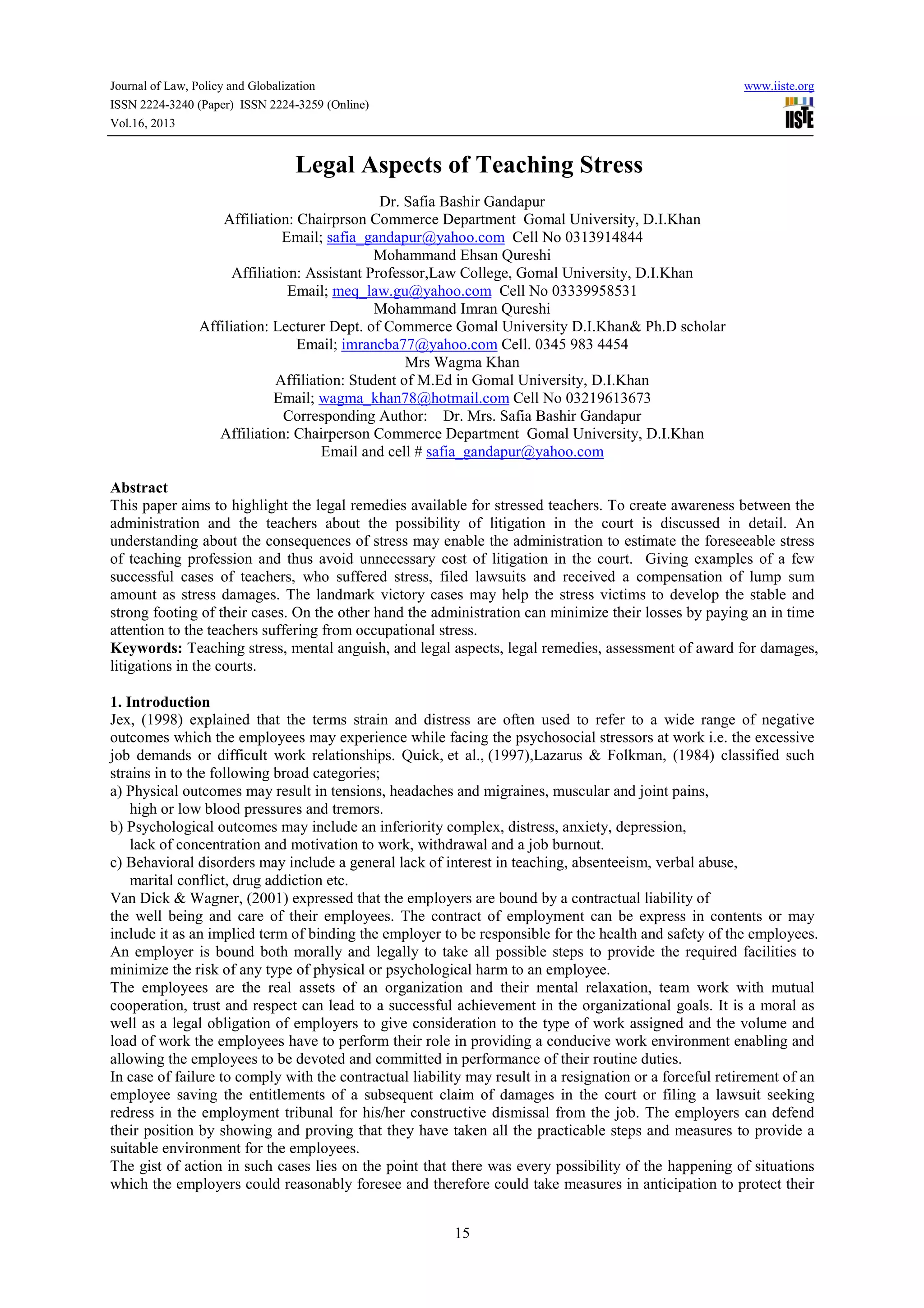 Legal aspects of teaching stress | PDF