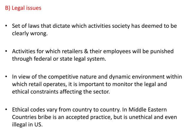 Legal & ethical issues in retailing | PPTX | Retail Industry | Industries