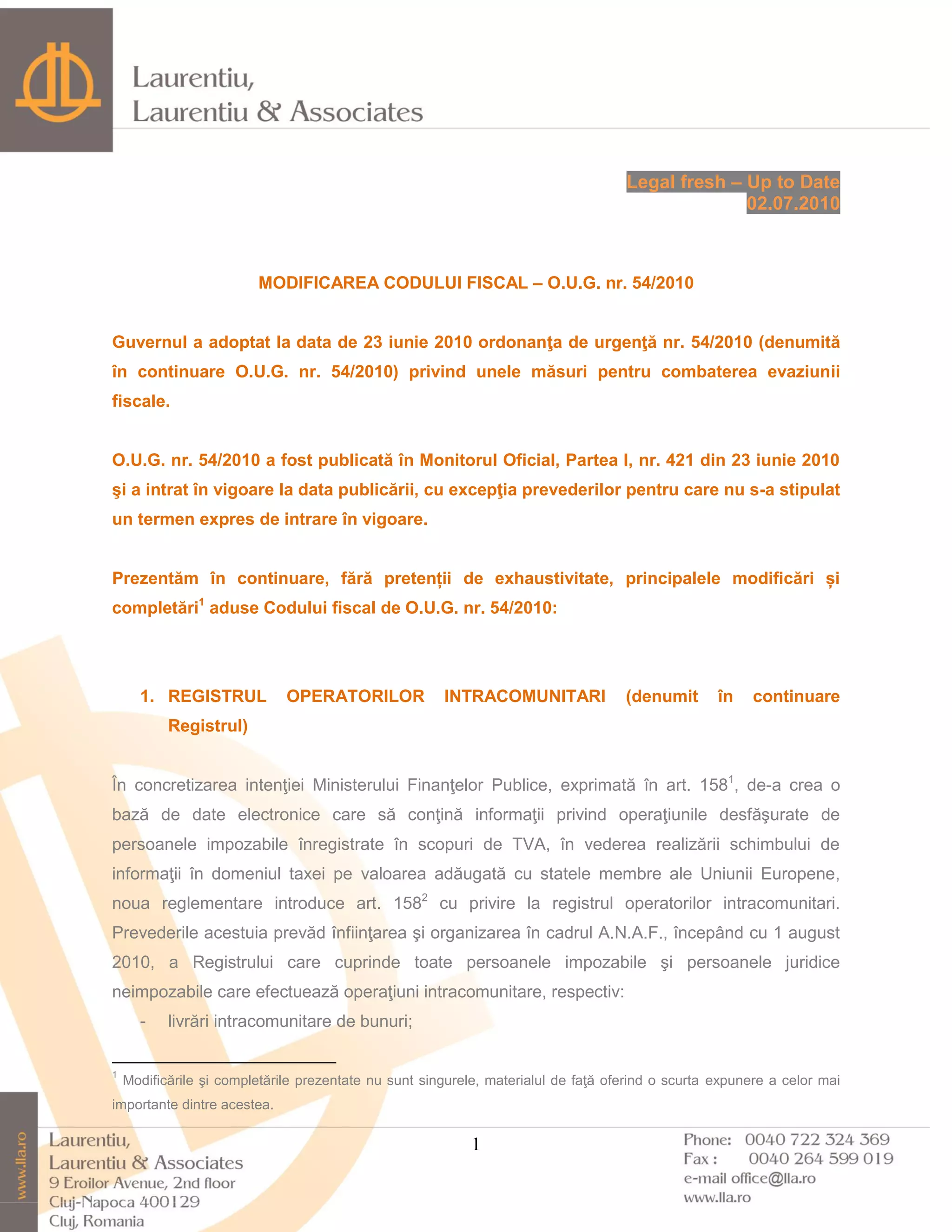 Legal fresh modificarea codului fiscal prin OUG 54-2010 | PDF