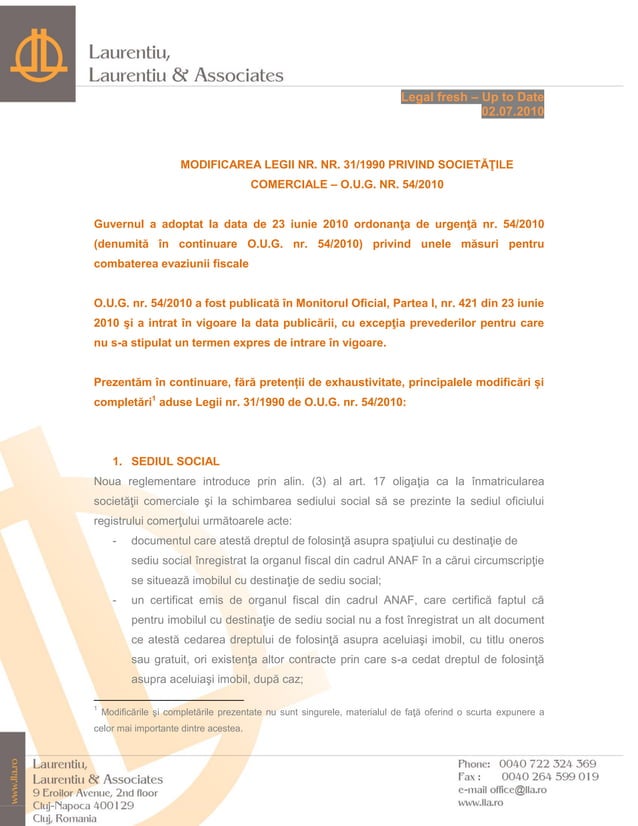 Legal fresh modificarea legii societatilor comerciale prin OUG 54-2010 | PDF