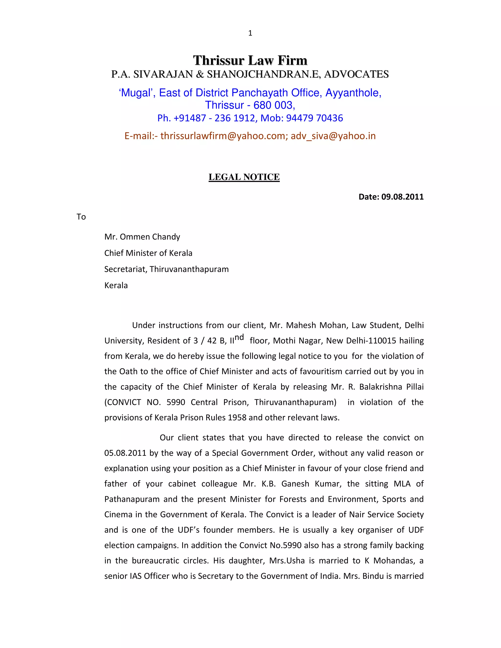 Legal notice to kerala cm | PDF