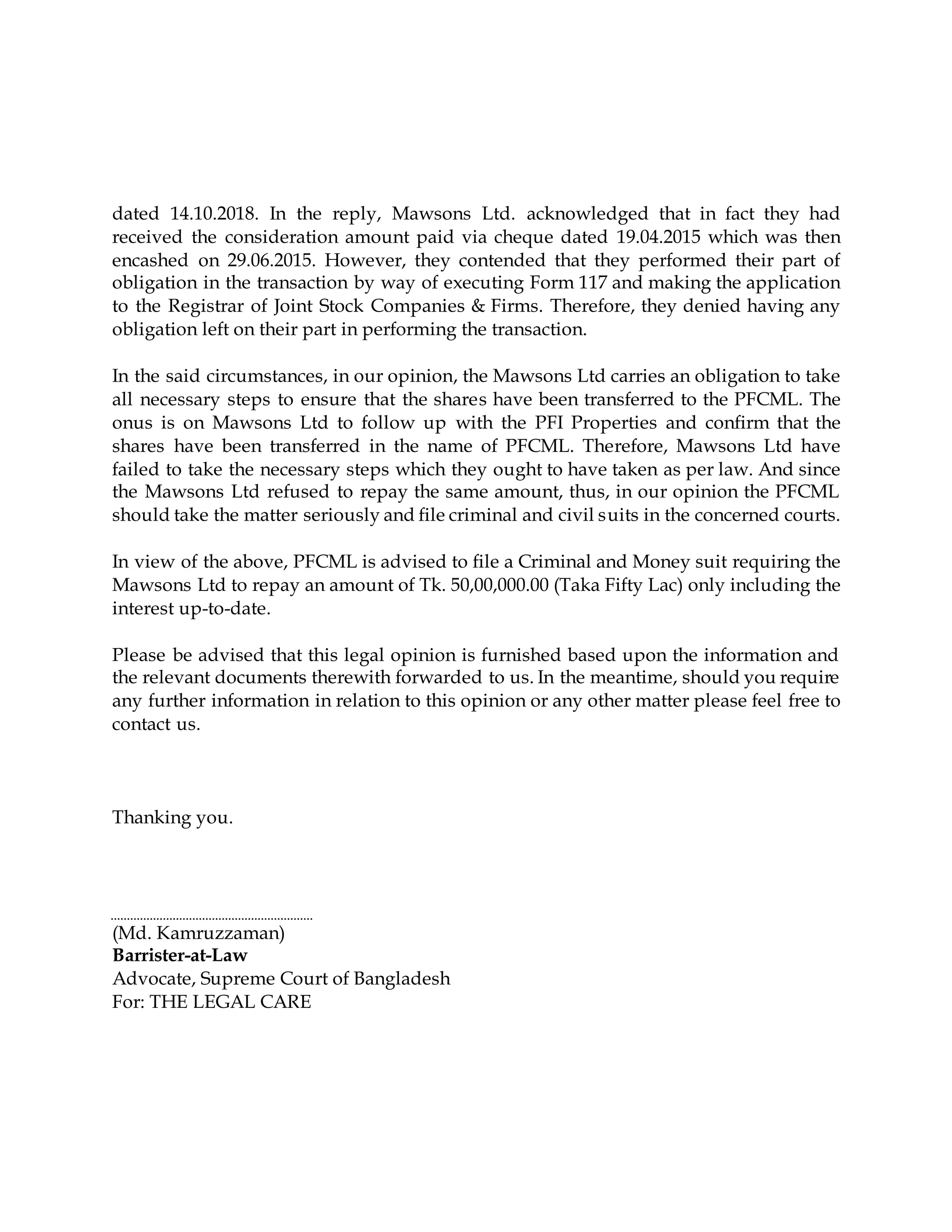 Legal opinion sample | DOCX