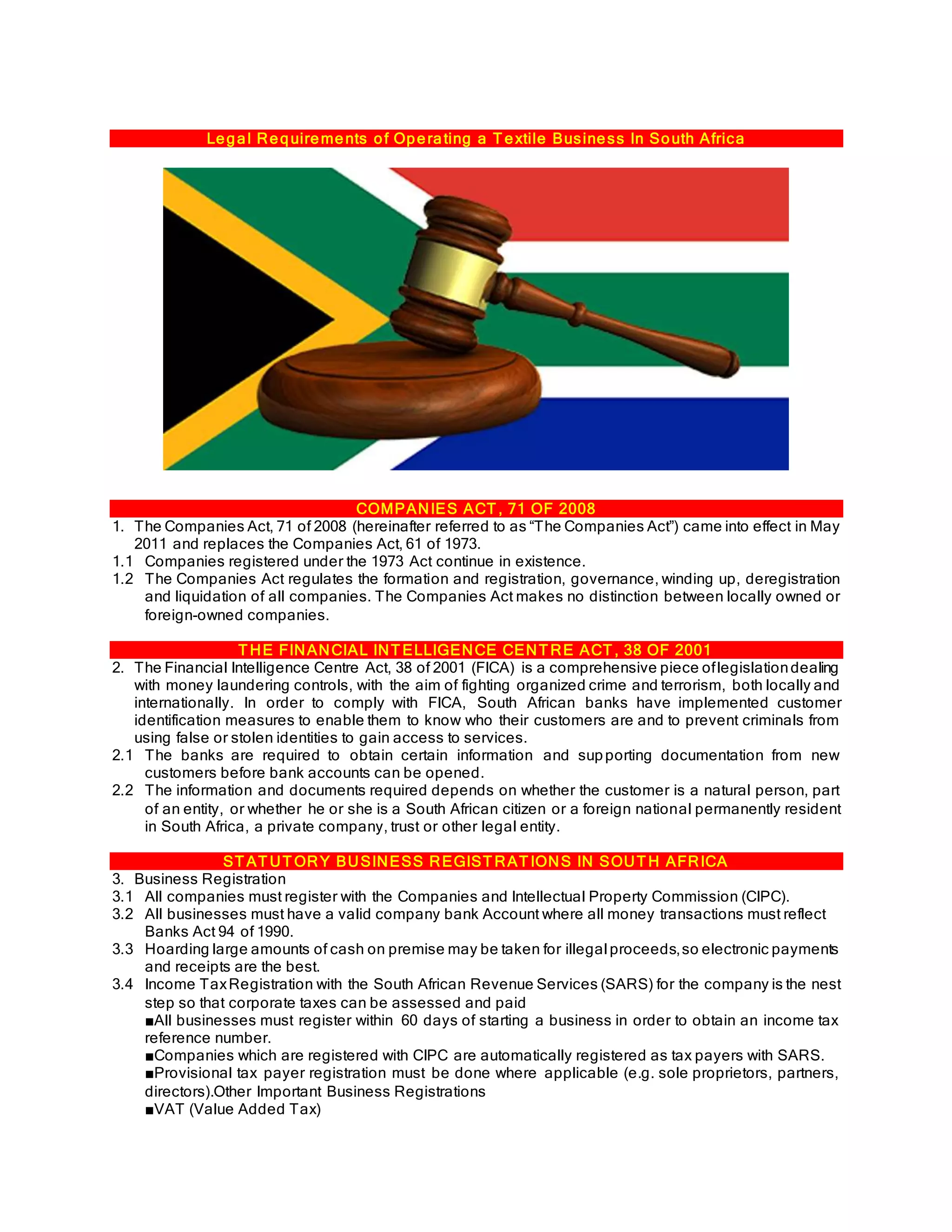 Legal requirements of starting a textile business in south africa | DOCX