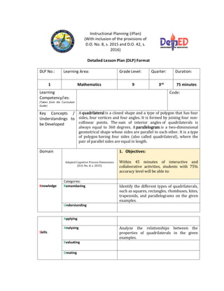 Detailed Lesson Plan in Grade 9 Math -Quadrilaterals | PDF