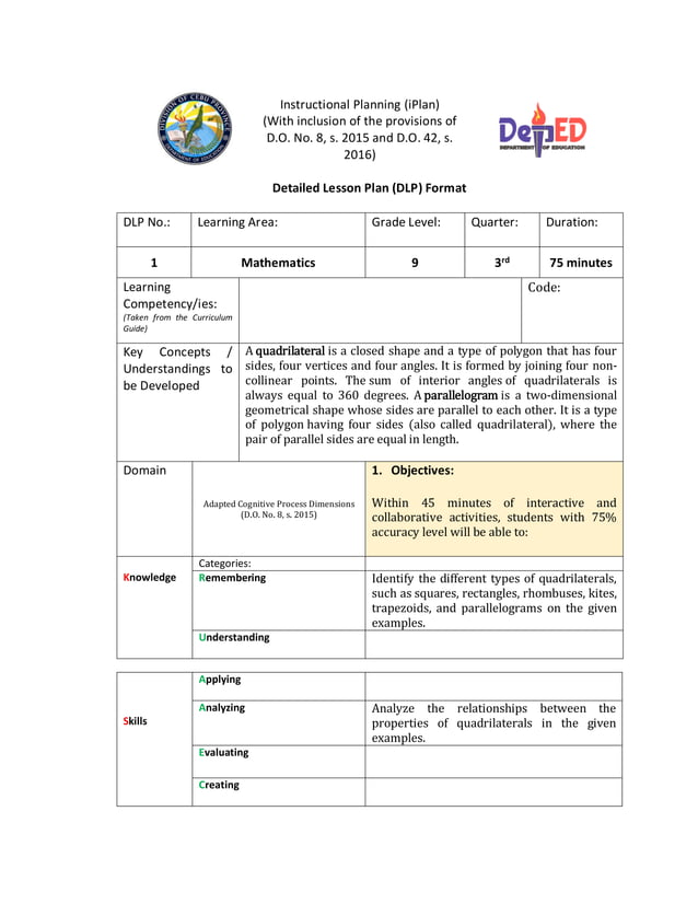 Detailed Lesson Plan in Grade 9 Math -Quadrilaterals | PDF