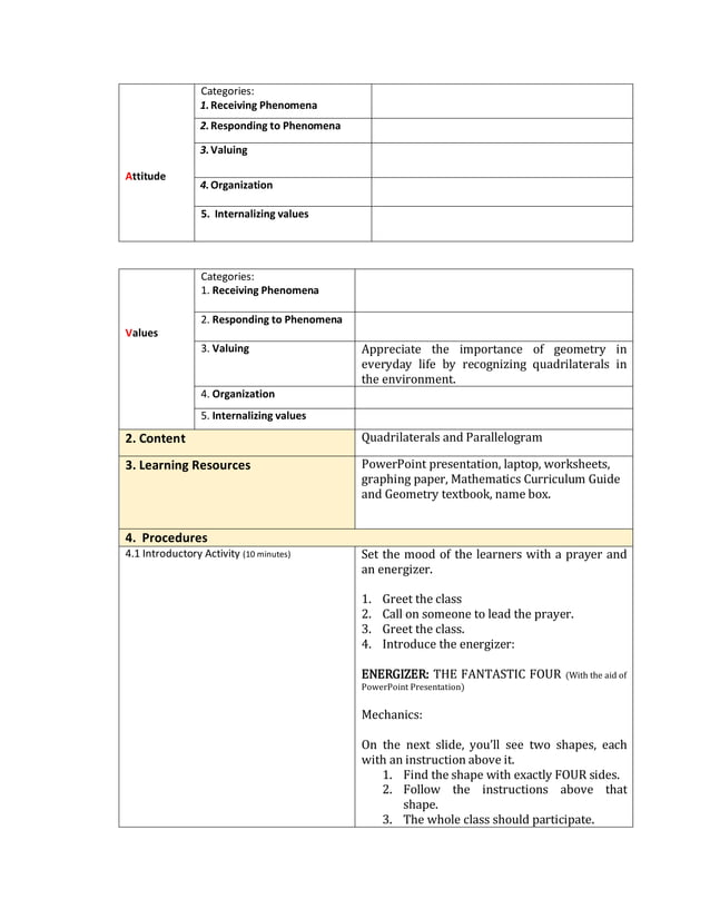Detailed Lesson Plan in Grade 9 Math -Quadrilaterals | PDF