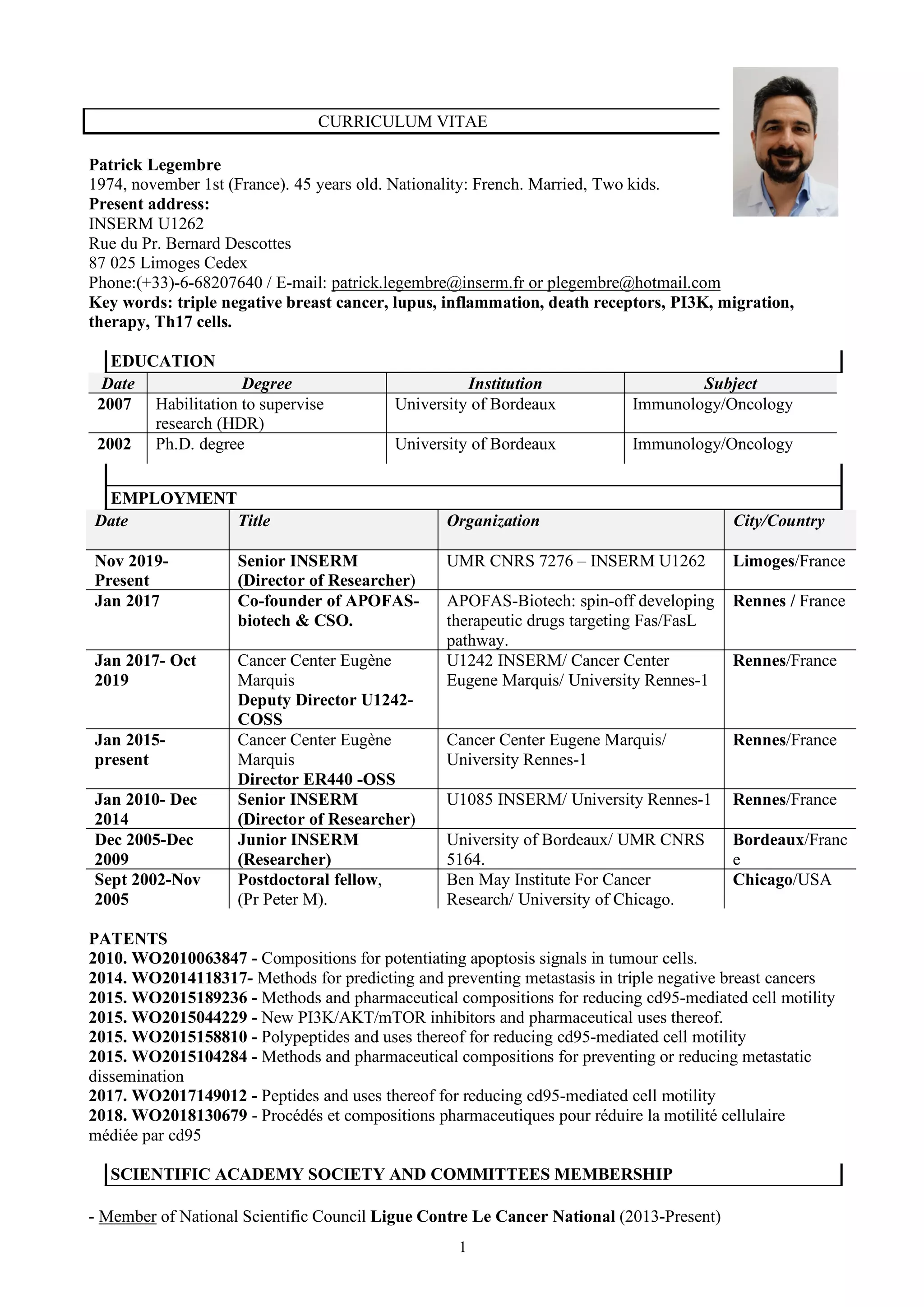 CV du Dr Patrick Legembre (Inserm) | PDF