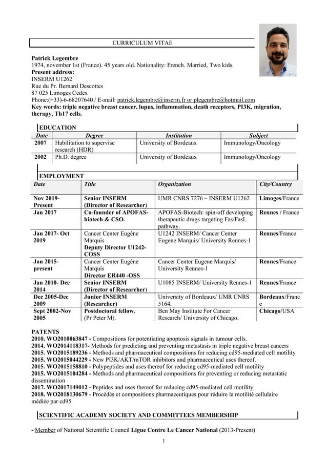 CV du Dr Patrick Legembre (Inserm) | PDF