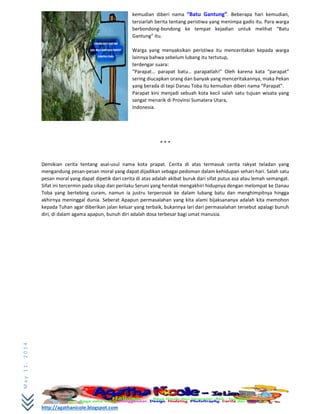 Legenda cerita rakyat sumatra utara legenda batu gantung asal mula nama kota parapat | PDF