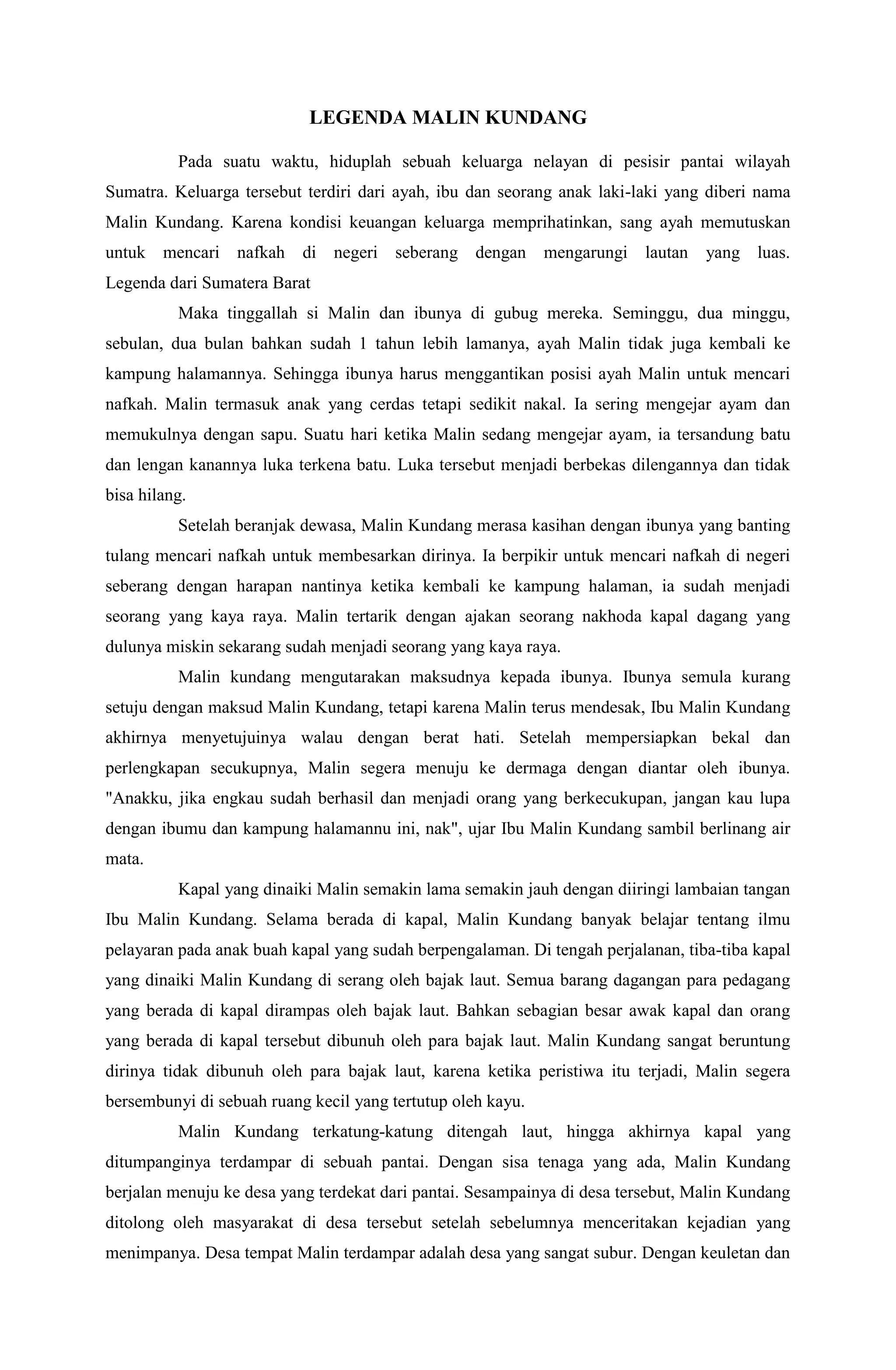 LEGENDA MALIN KUNDANG DARI SUMATERA BARAT | PDF