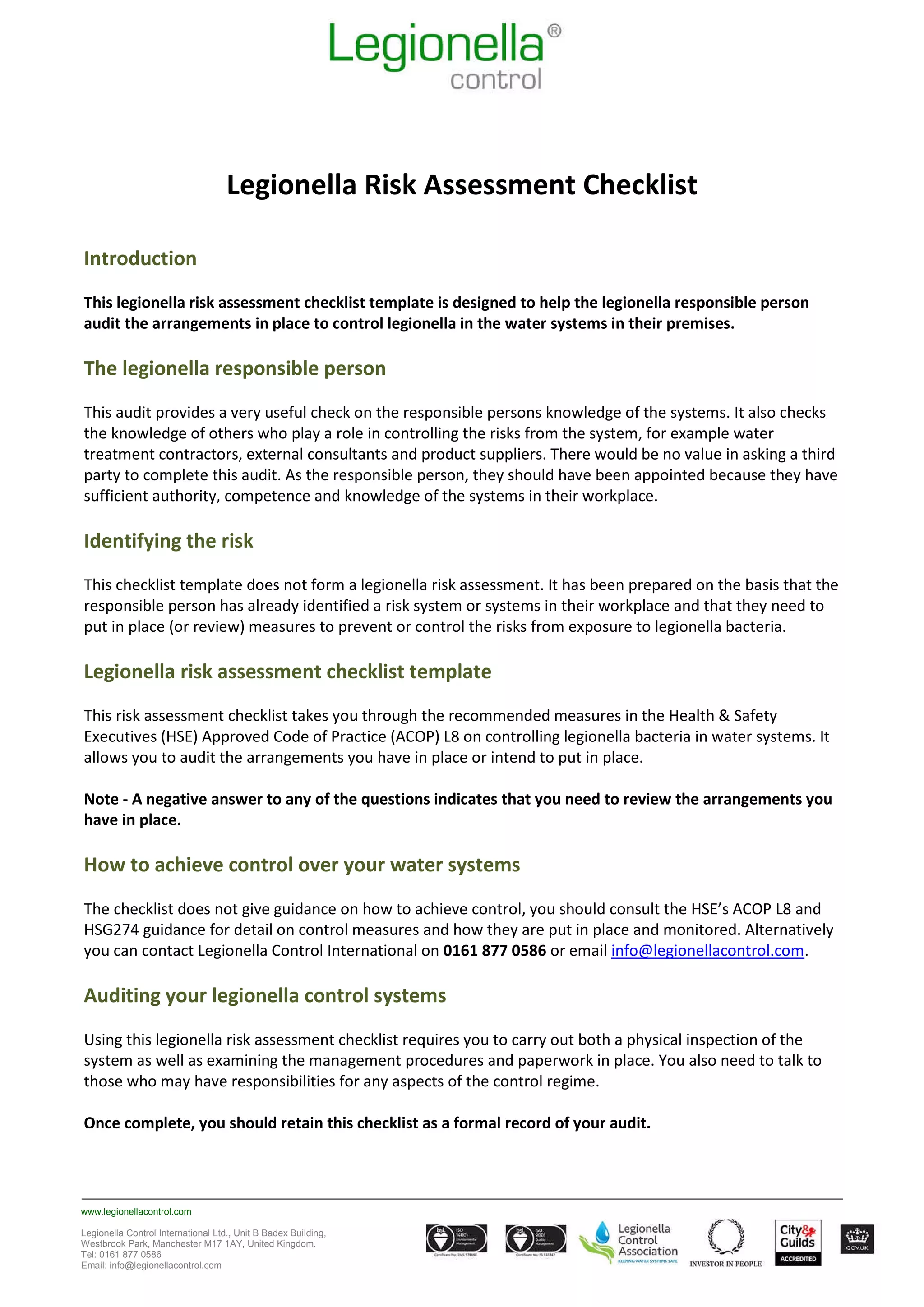 Legionella risk assessment template | PDF