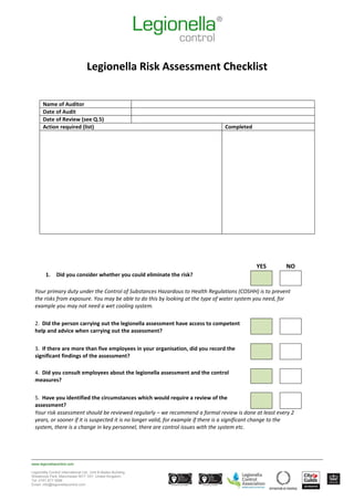 Legionella risk assessment template | PDF