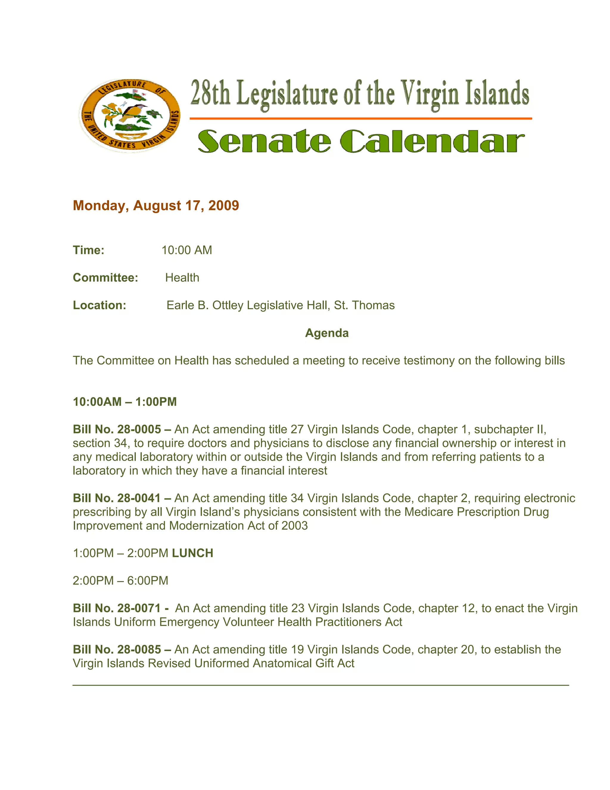 Legislative Calendar Weekending 082109 | PDF | Law