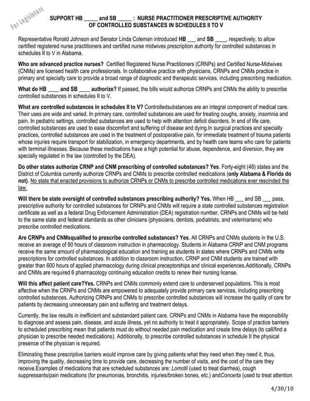 Legislative Talking Points 2010 final Prescriptive Privileges for APN CNM | PDF