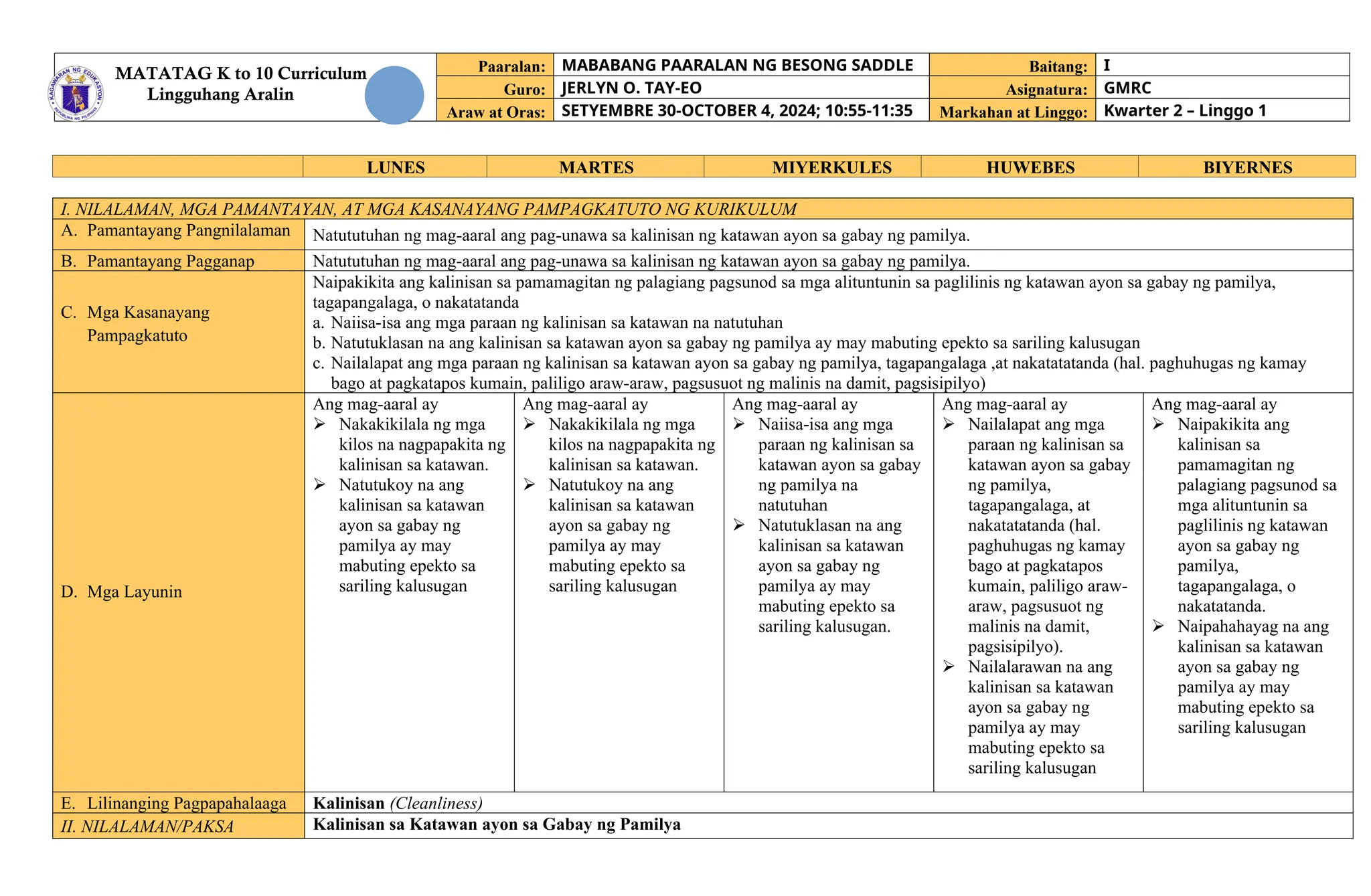 Learning Exemplar for GMRC Quarter 2 Week 2 | DOCX